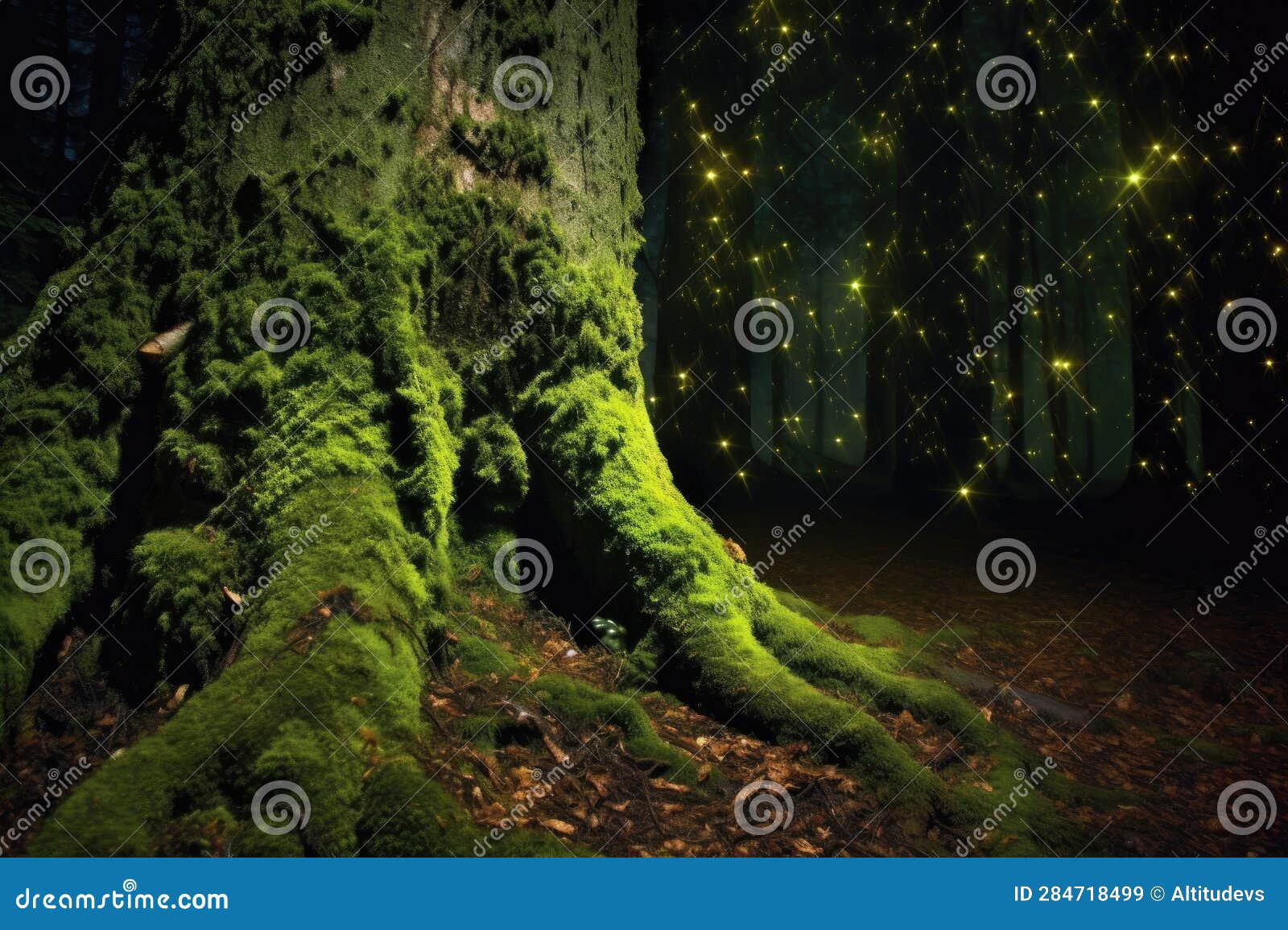 Fireflies Glowing Around a Moss-covered Tree Trunk Stock Image - Image ...