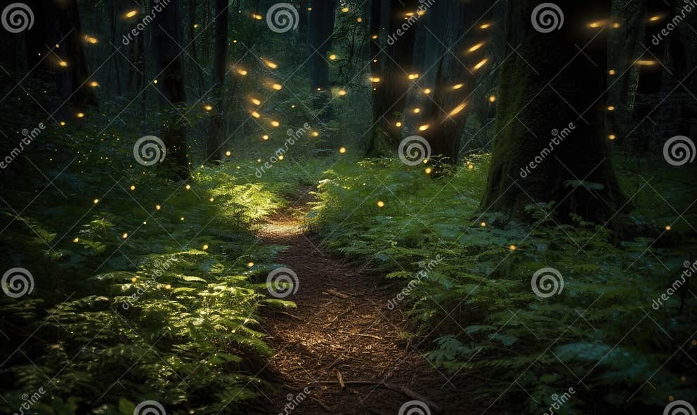 Fireflies Light Up Way Along the Forest Path Creating Using Generative ...