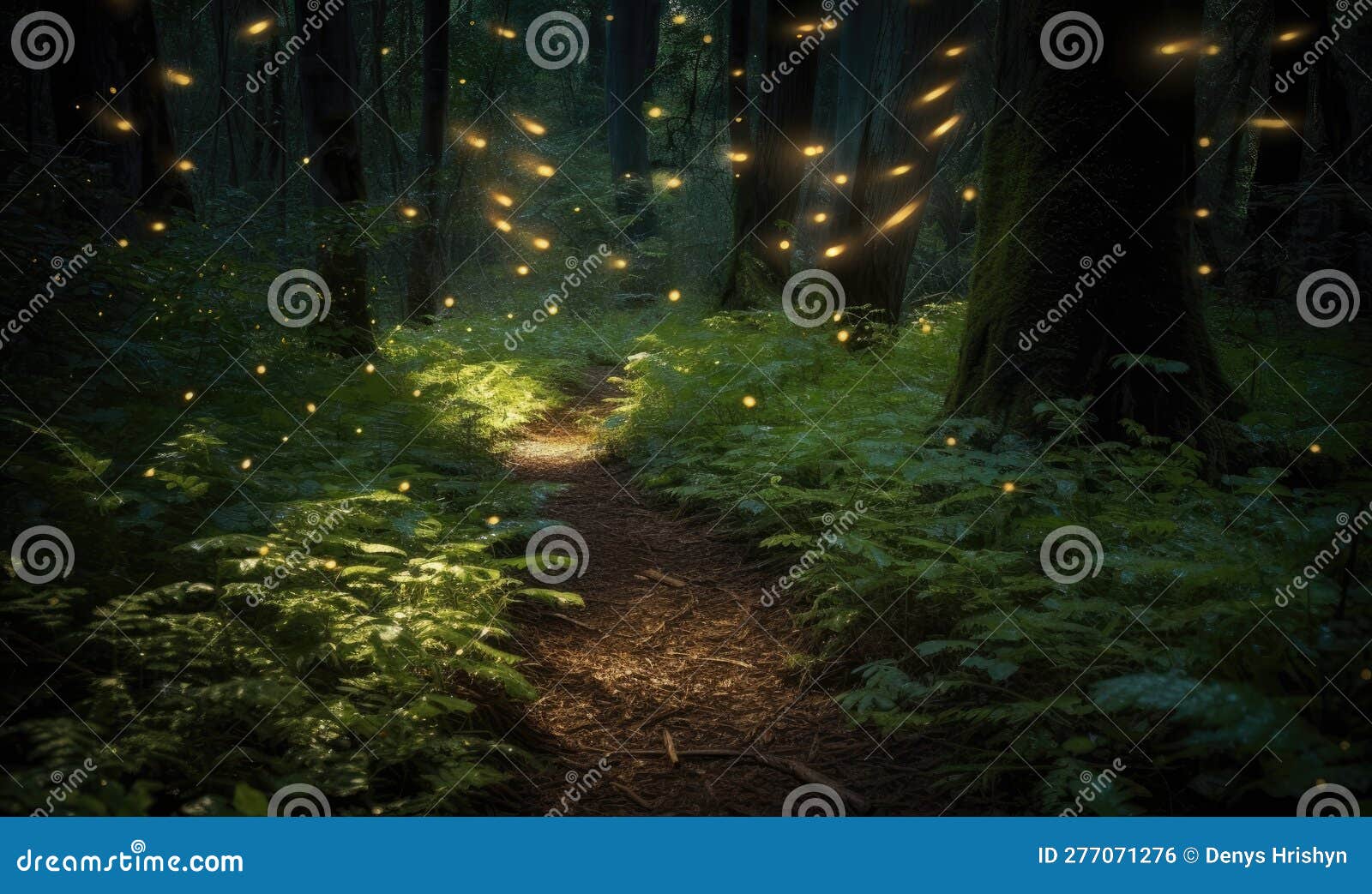 Fireflies Light Up the Way Along Forest Path Creating Using Generative ...