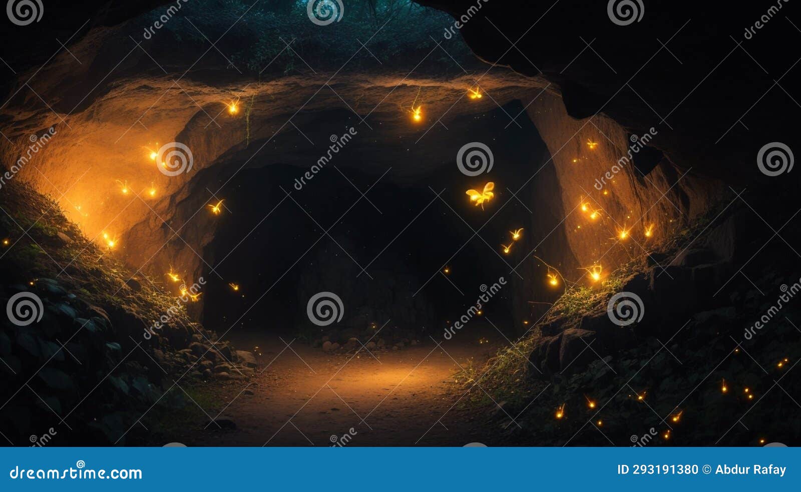 Fireflies Lighting Up the Entrance of a Mysterious Cave Stock ...