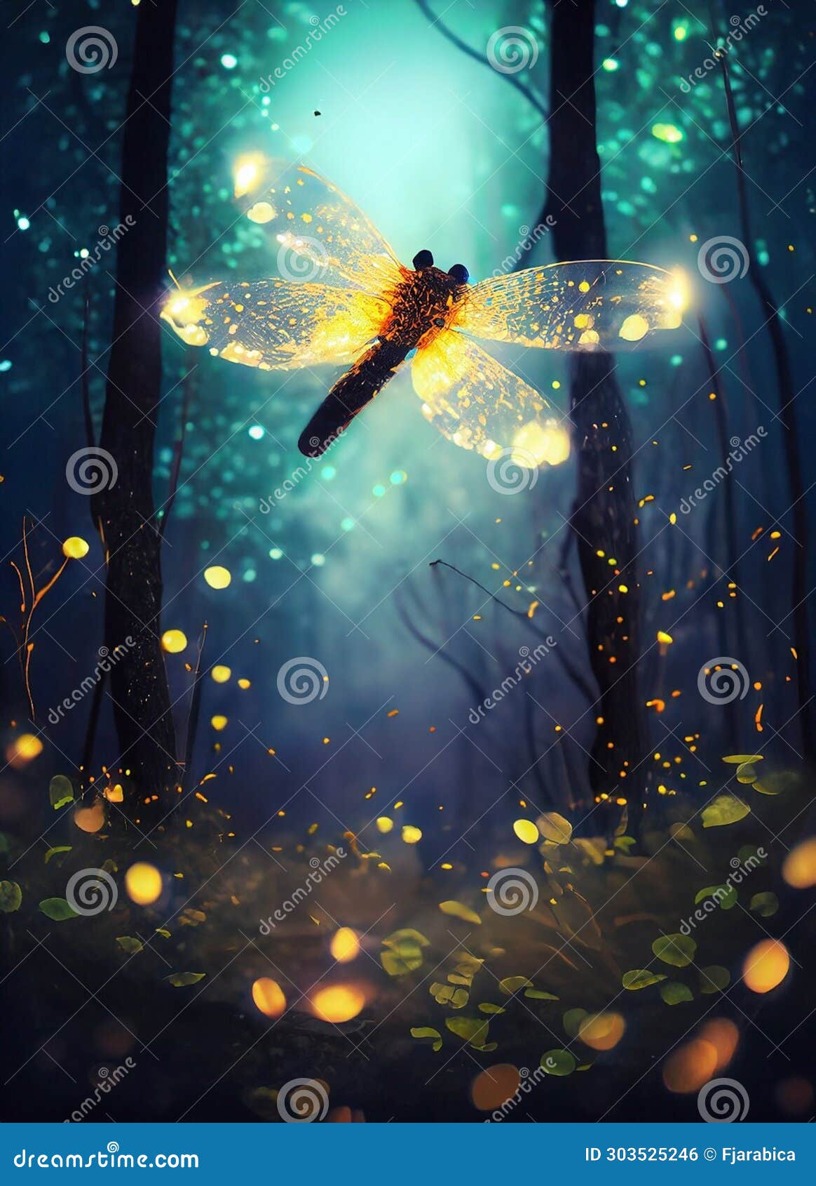 Firefly in fantasy forest stock illustration. Illustration of plant ...