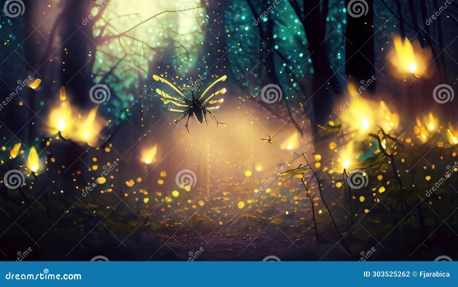 Firefly in fantasy forest stock illustration. Illustration of wing ...