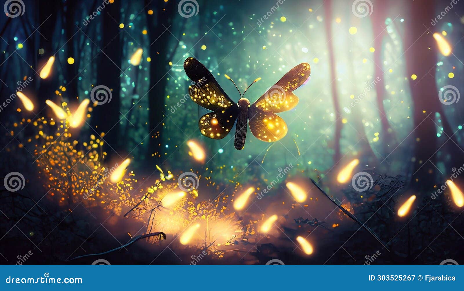 Firefly in fantasy forest stock illustration. Illustration of design ...