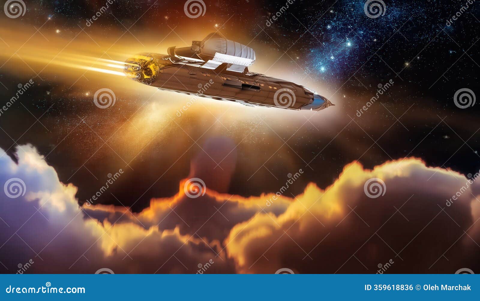 Firefly Spaceship Soaring through Vibrant Clouds, Illuminating Cosmic ...