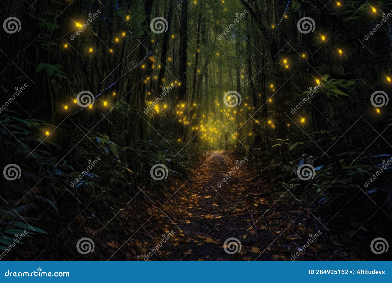 Firefly Trail Leading into the Depths of a Dark Forest Stock ...