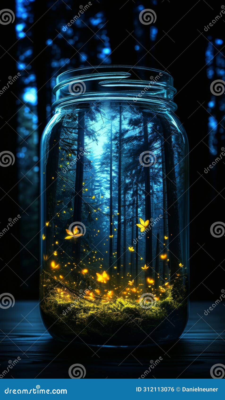 Fireflys and a Forest in a Jar Sitting on a Table Stock Illustration ...