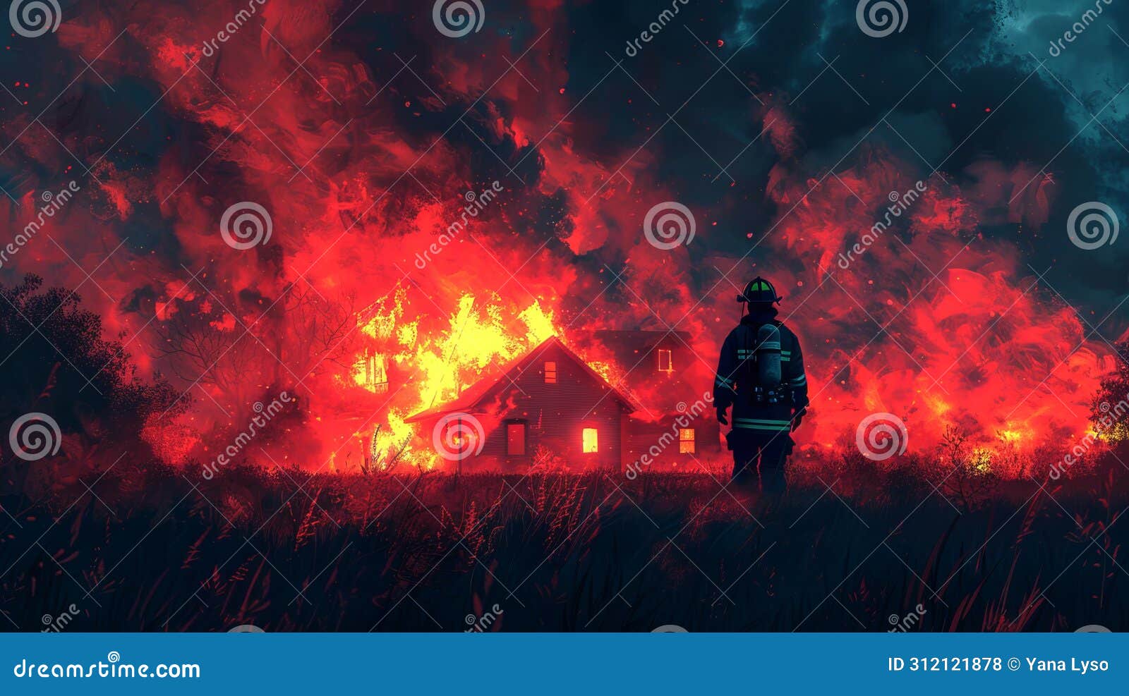Fireman Advancing Towards a Blazing House in Darkness. Resolute ...