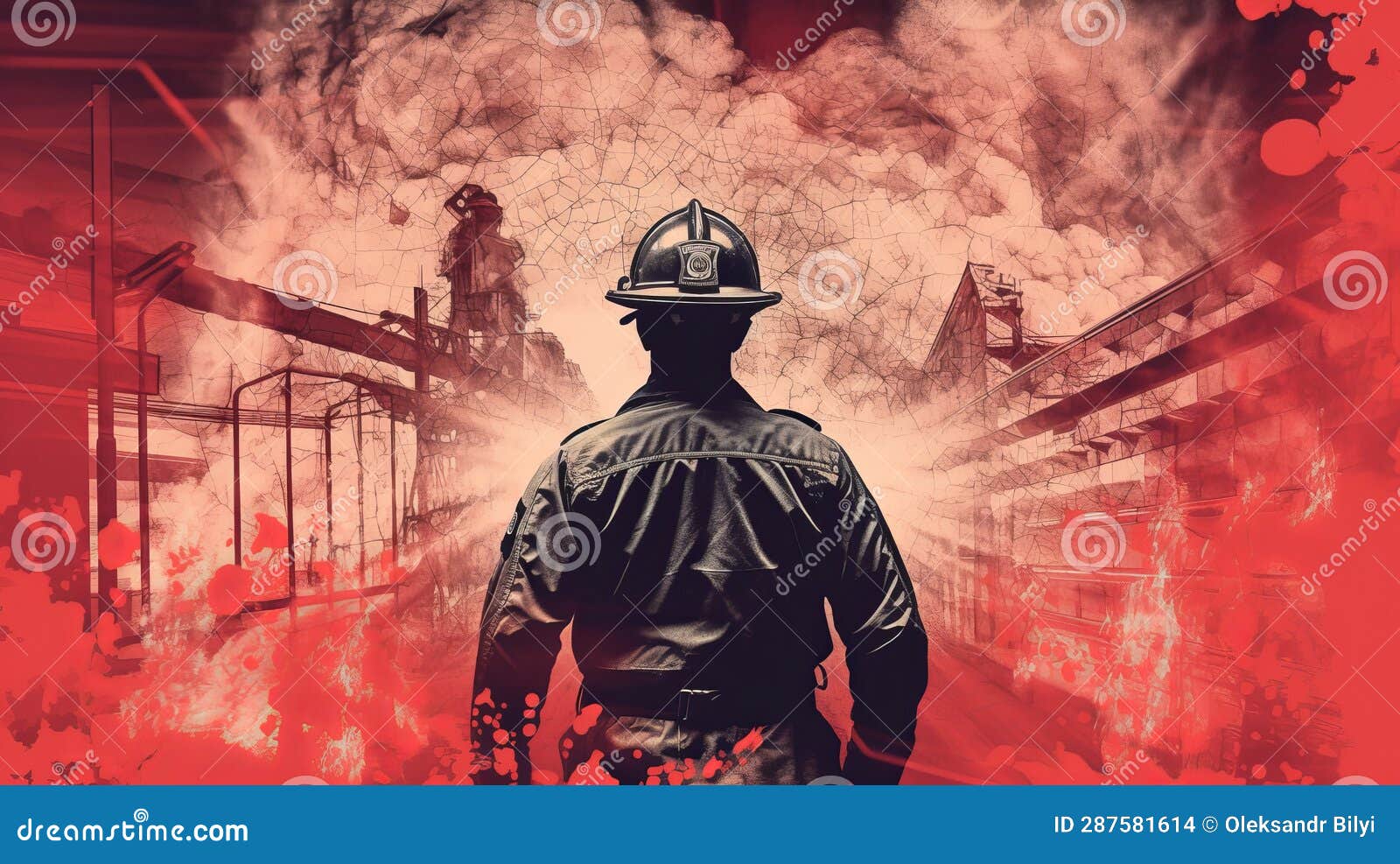 Fireman from Back with Double Exposure in Graphic Stock Illustration ...