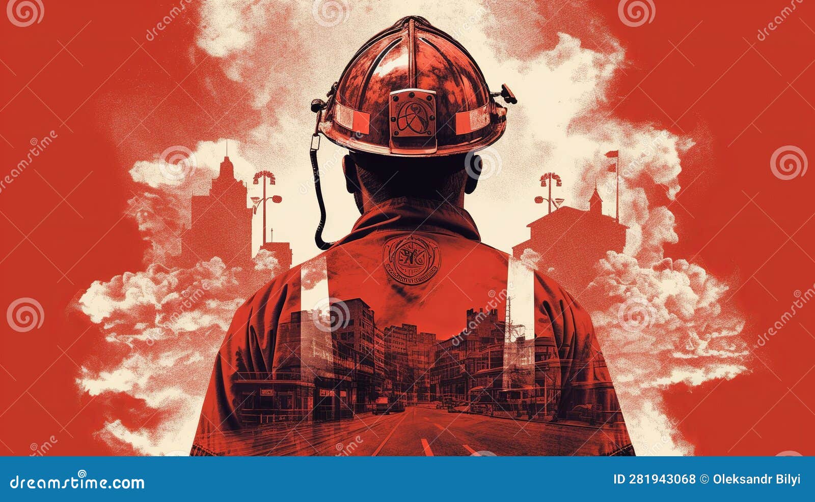 Fireman from Back with Double Exposure in Graphic Stock Photo - Image ...