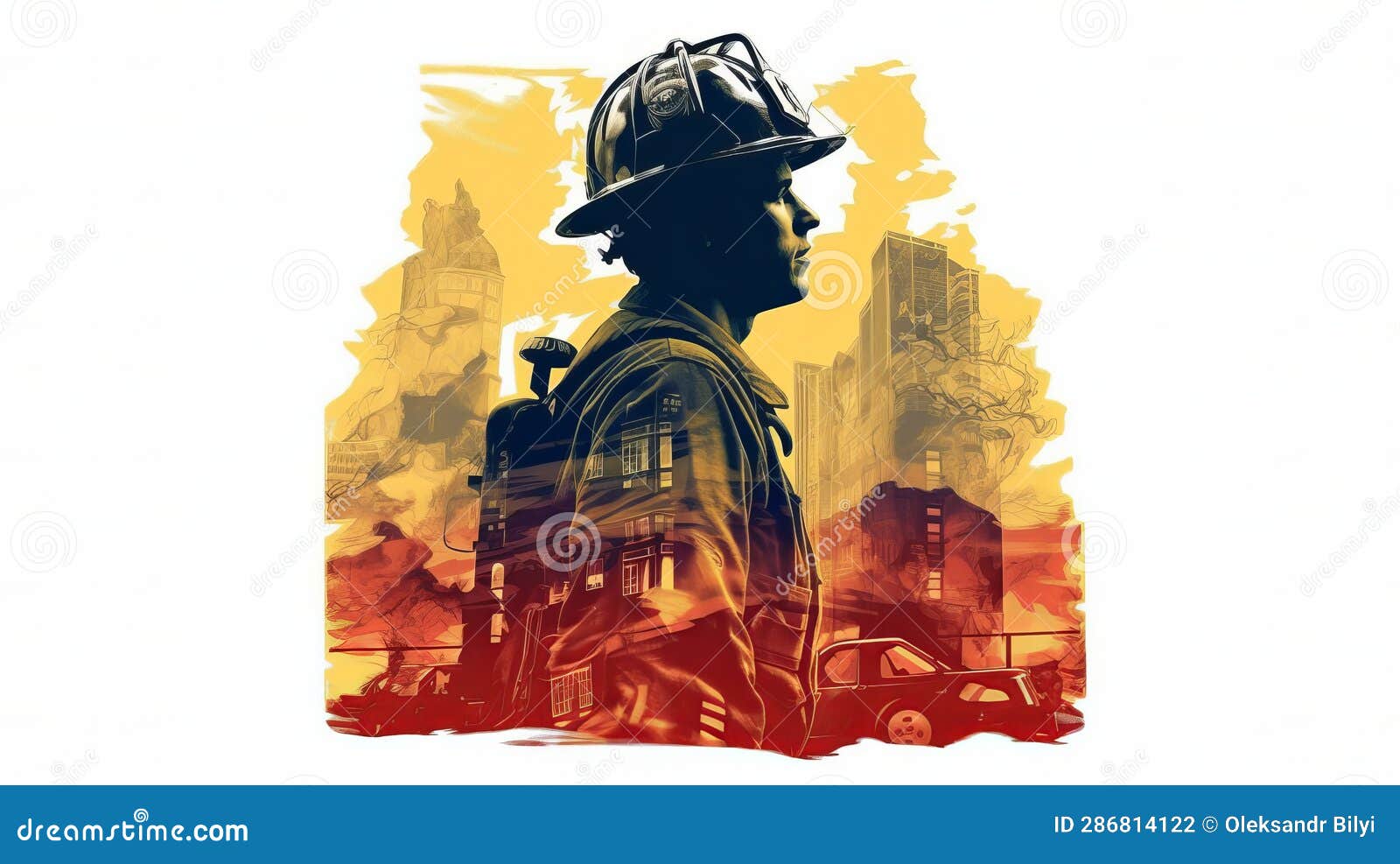 Fireman from Back with Double Exposure in Graphic Stock Photo - Image ...