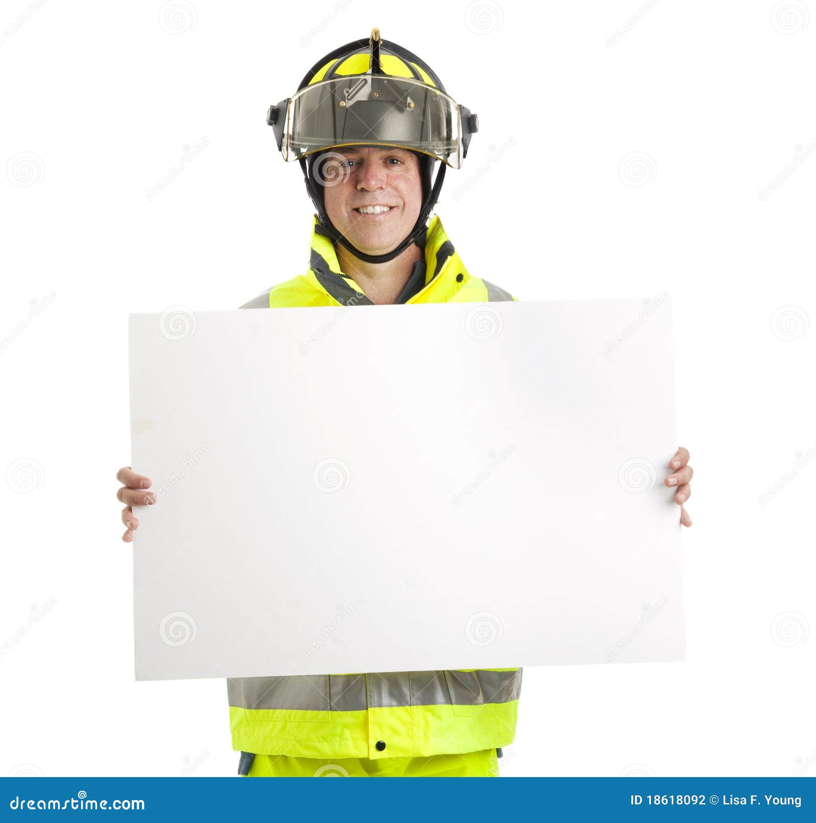 Fireman with Blank Sign stock photo. Image of jacket - 18618092