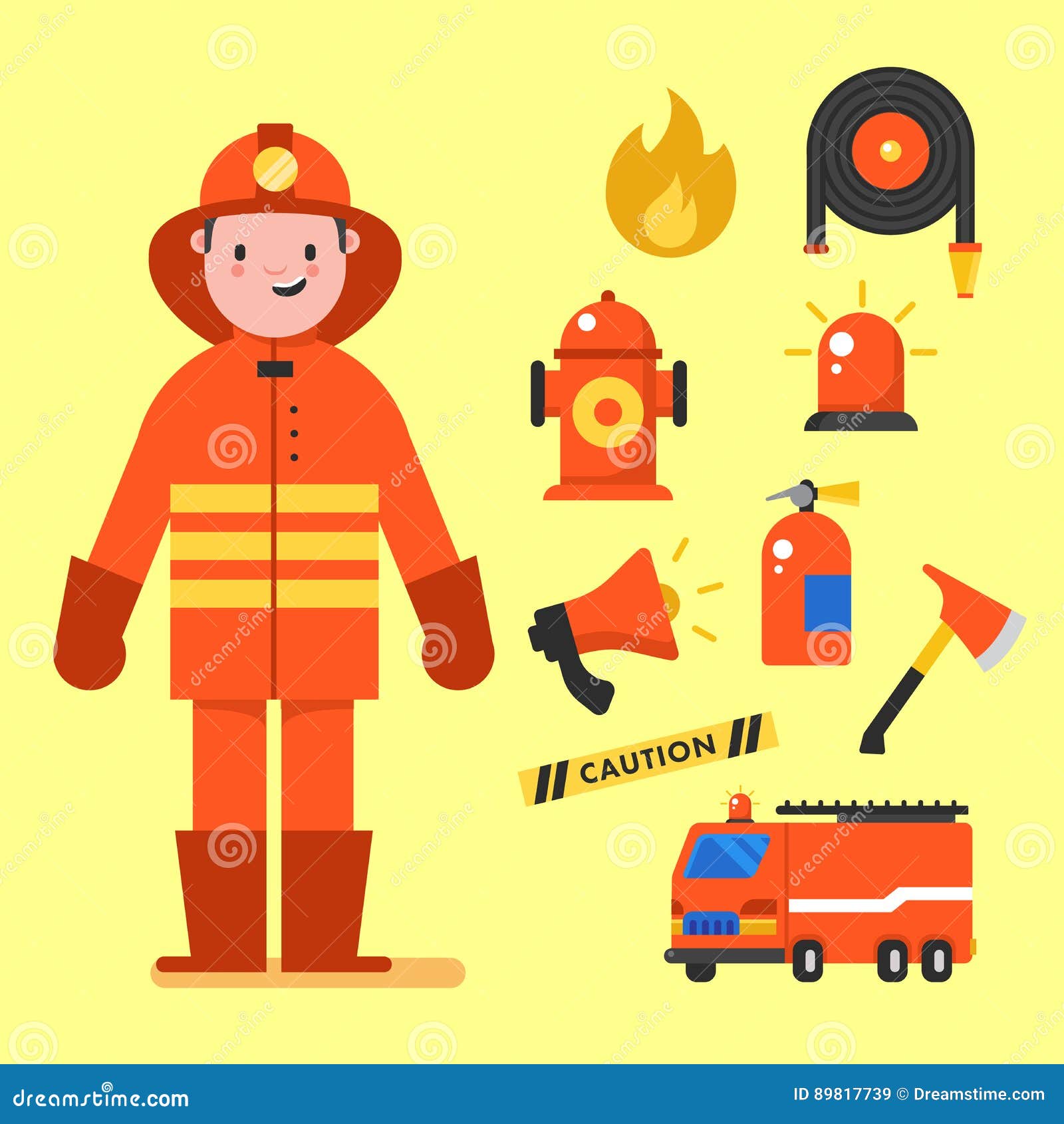 Fireman Character In Uniform And Protective Helmet Running With Ladder ...