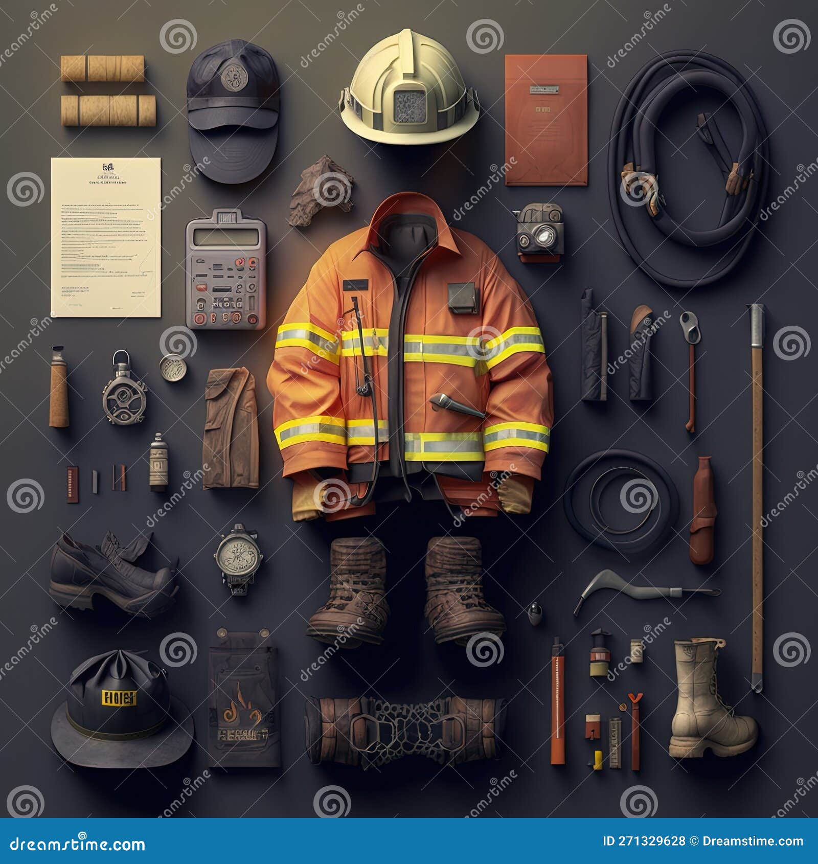Fireman Costume and Props, Knolling Layout. Generative AI Stock ...