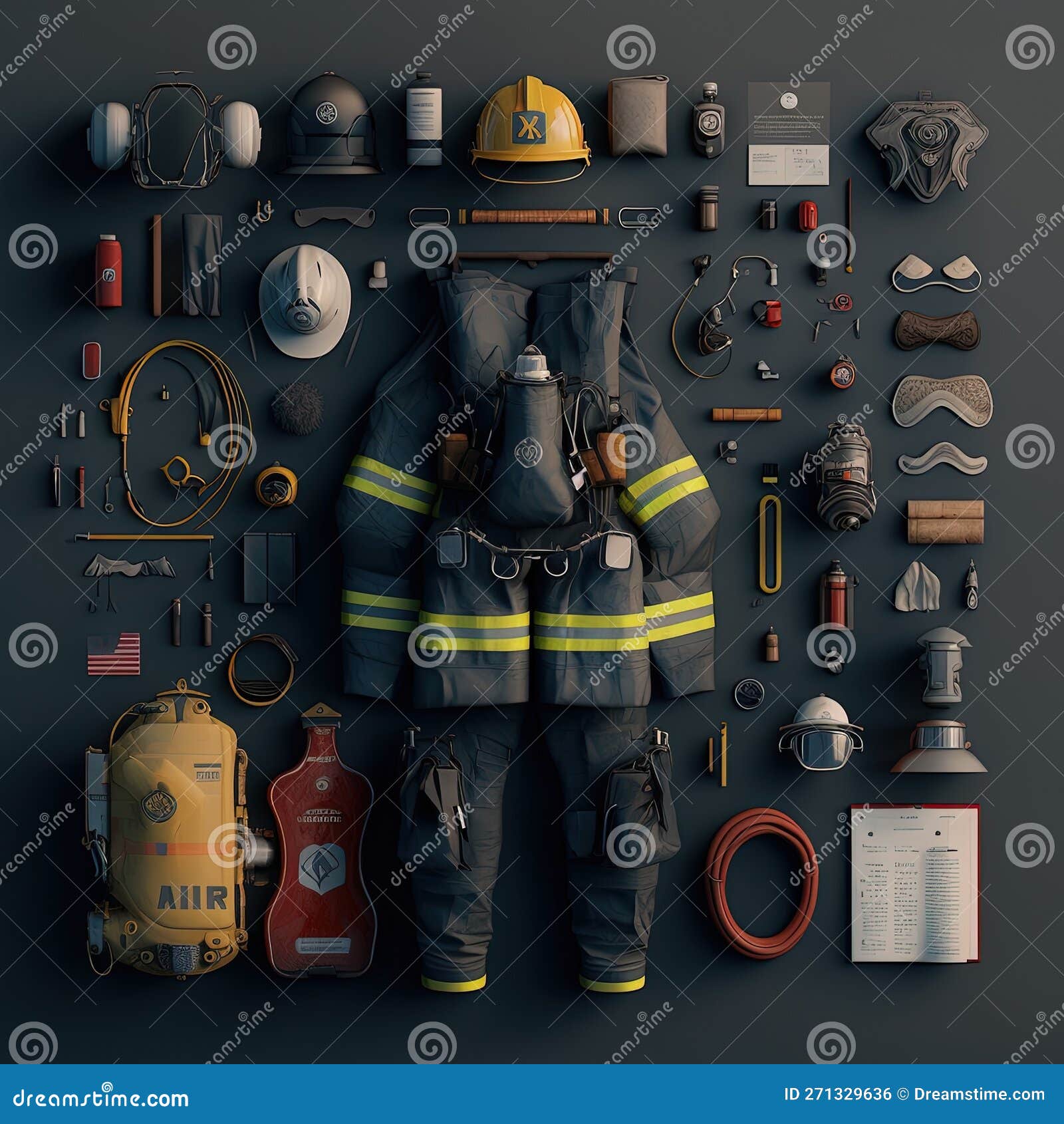 Fireman Costume and Props, Knolling Layout. Generative AI Stock ...