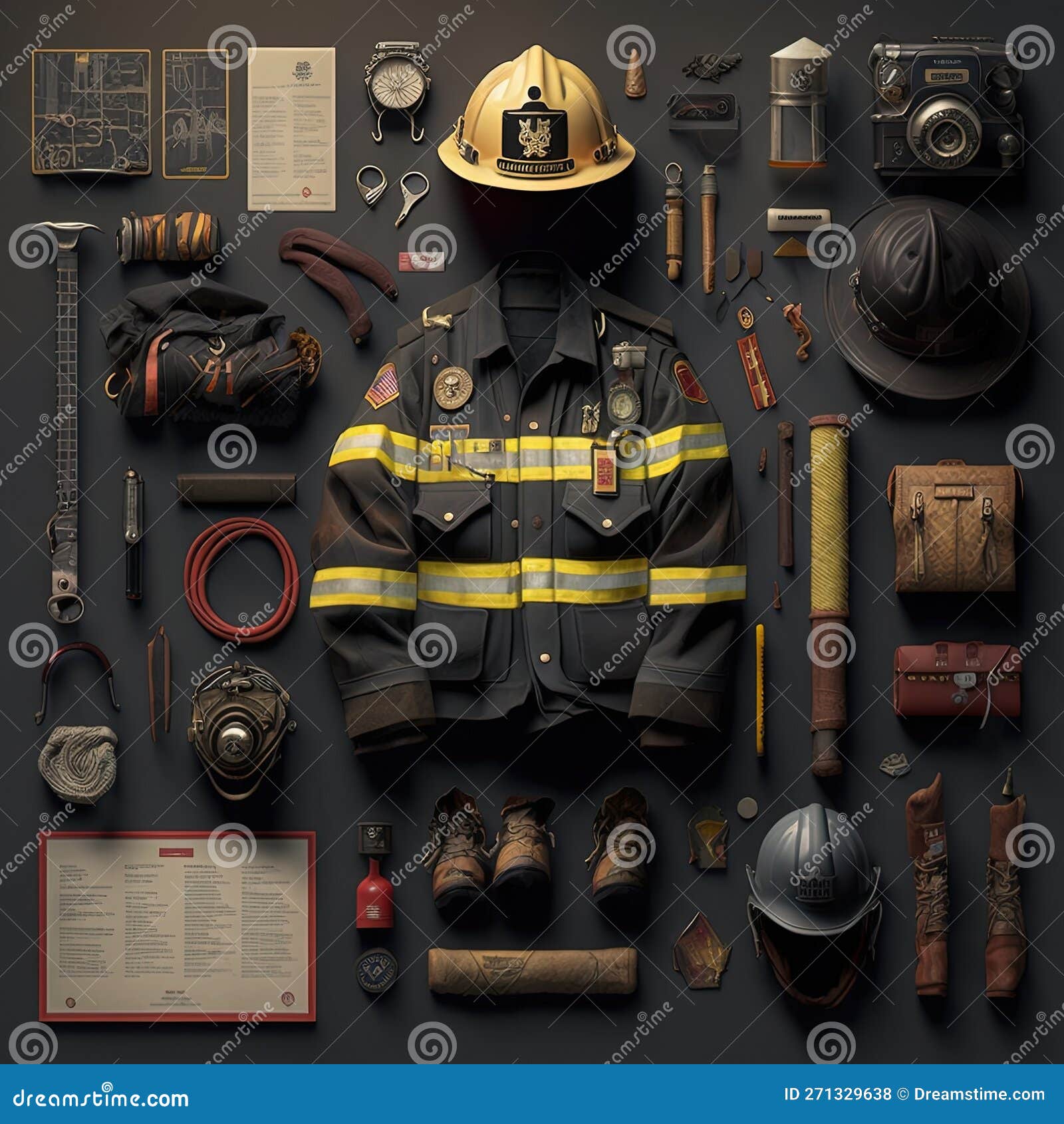 Fireman Costume and Props, Knolling Layout. Generative AI Stock ...