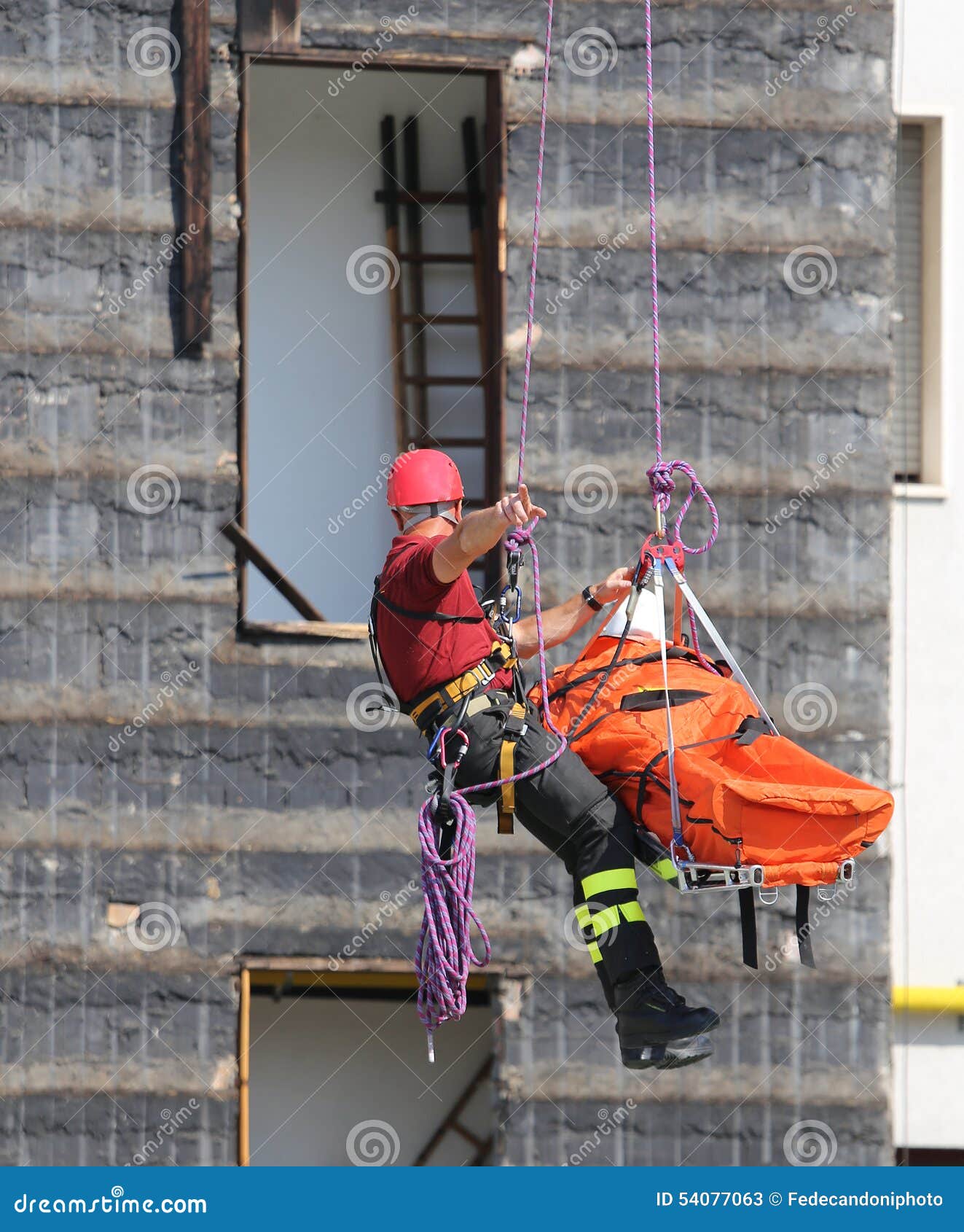 Fireman during an Exercise Carries the Stretcher Stock Image - Image of ...