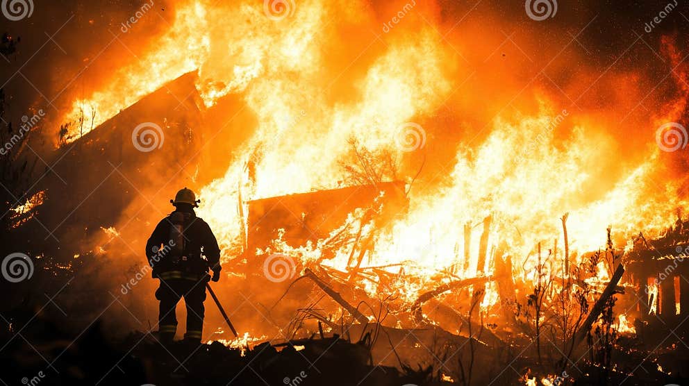 Fireman Fighting a Great Fire. Stock Photo - Image of protection, flame ...