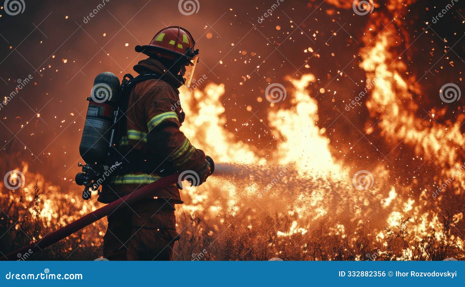Fireman Fighting a Great Fire. Stock Photo - Image of risk, horizontal ...