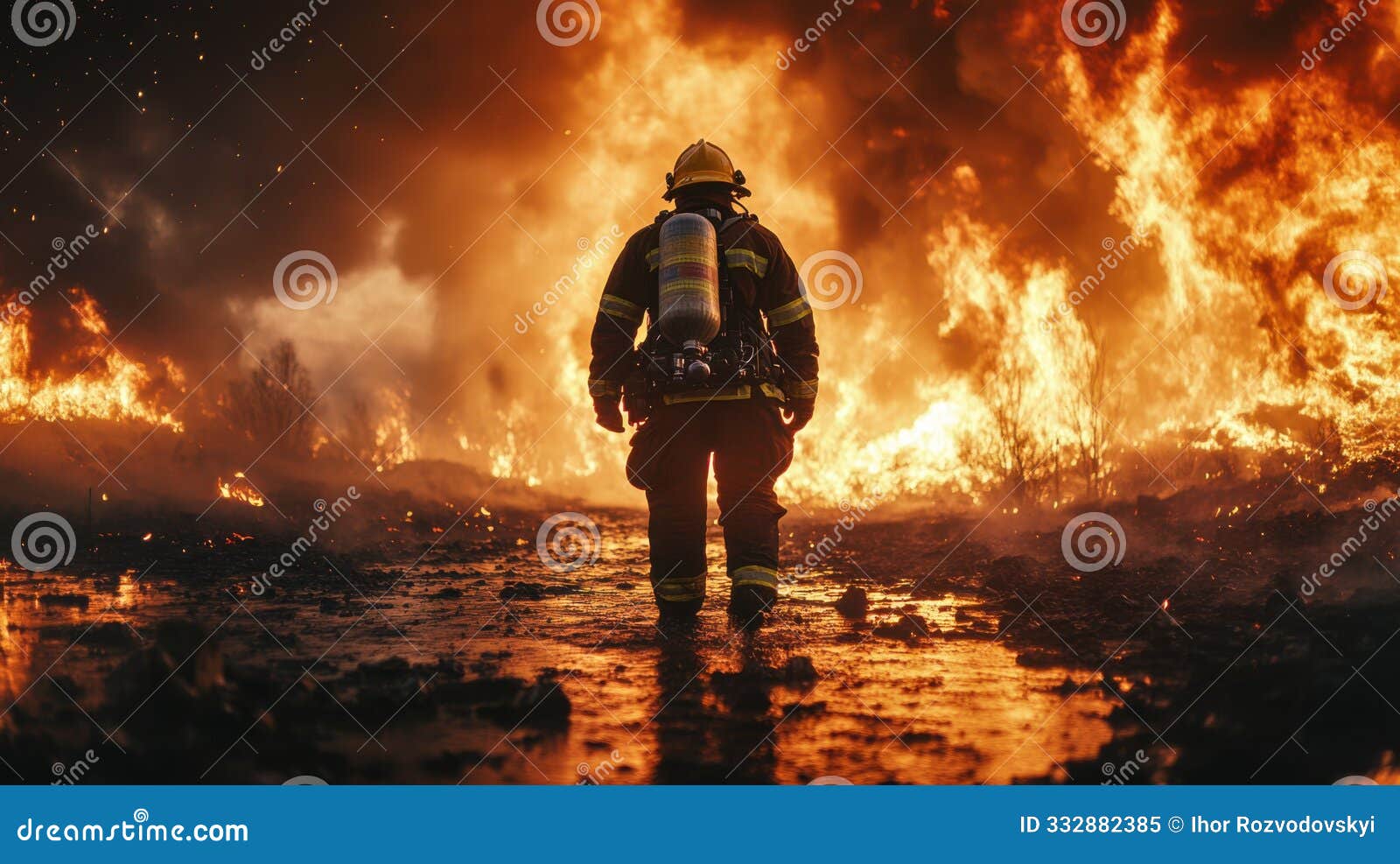 Fireman Fighting a Great Fire. Stock Image - Image of hero, risk: 332882385
