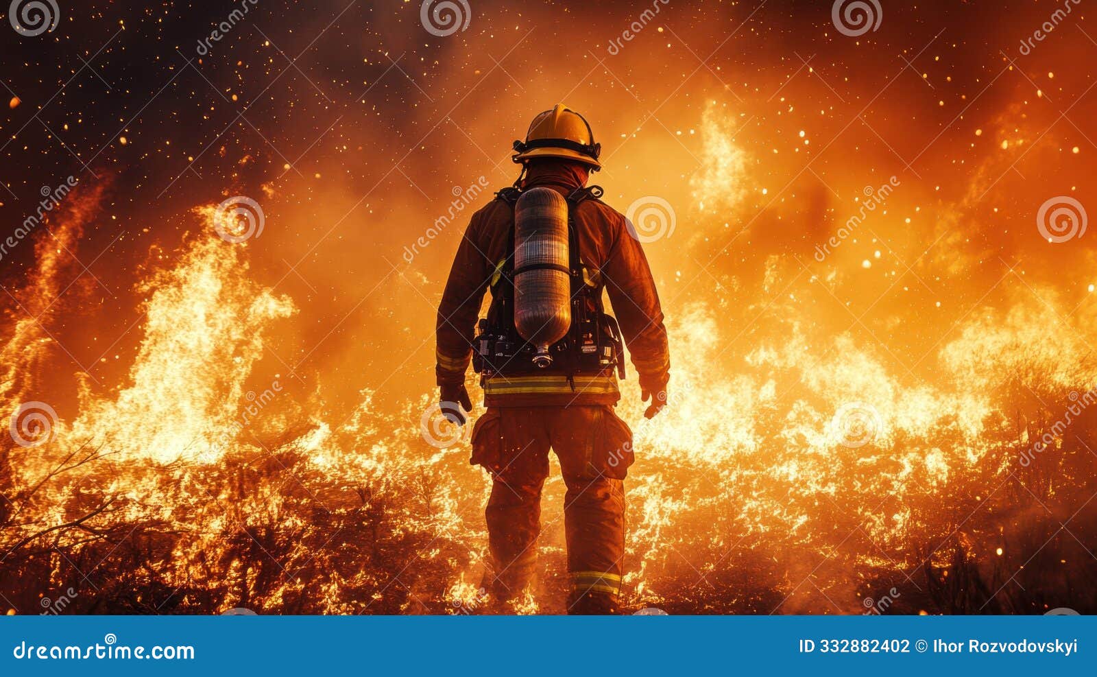 Fireman Fighting a Great Fire. Stock Photo - Image of working ...
