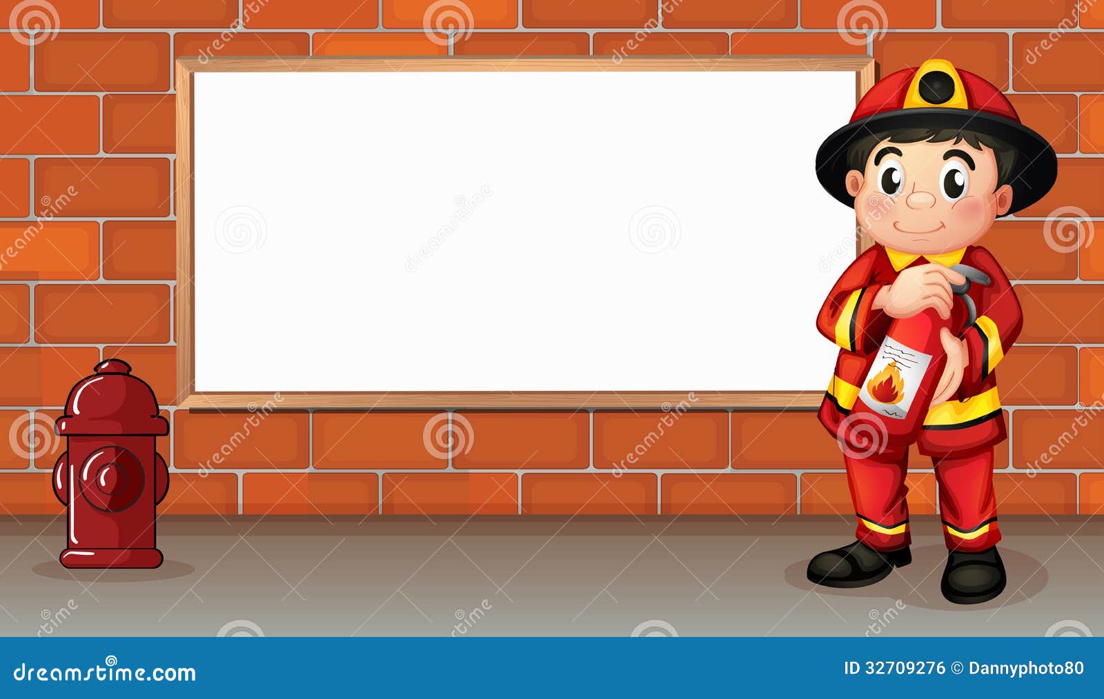 A Fireman with a Fire Extinguisher in Front of an Empty Board Stock ...