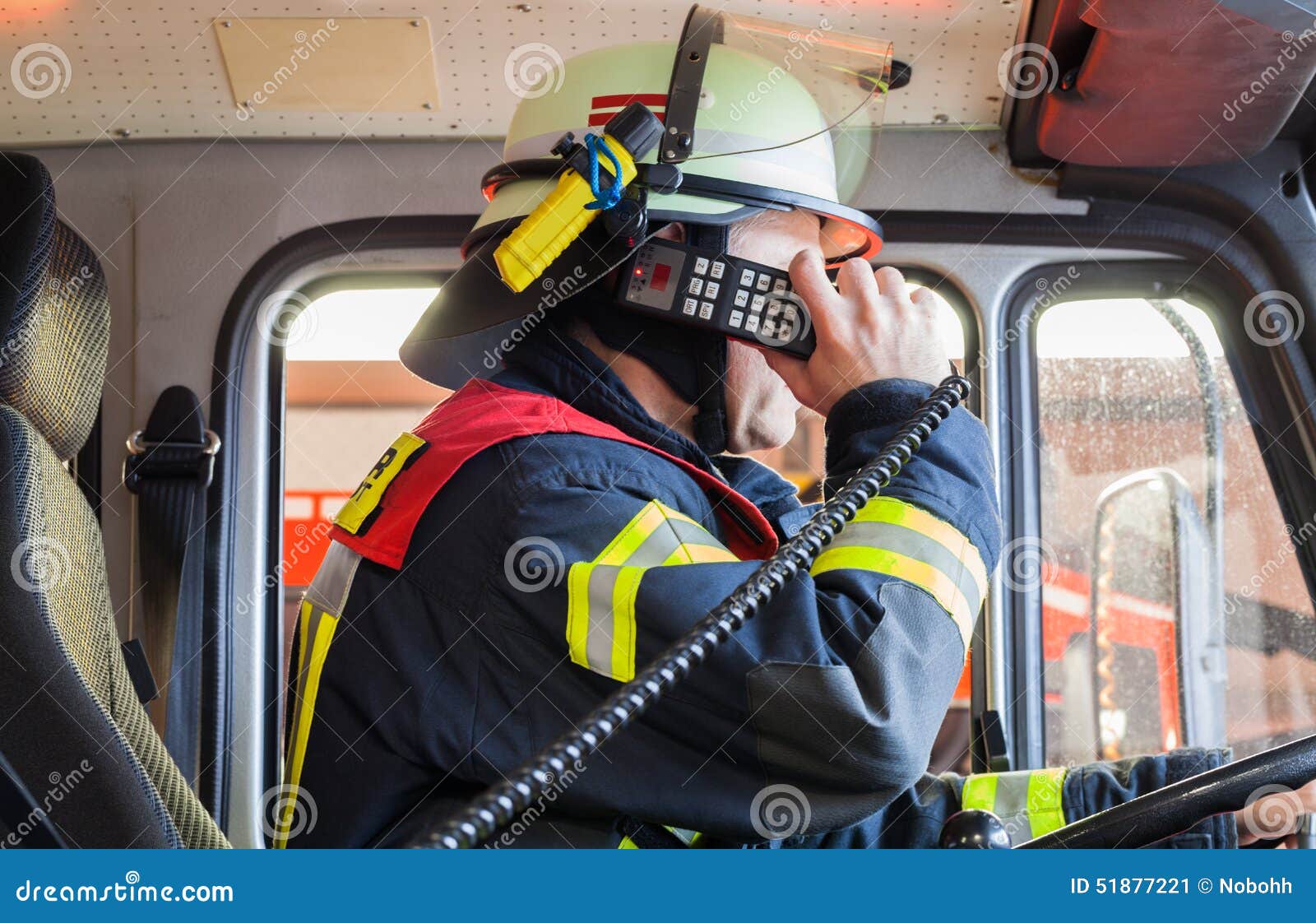 Fireman in a Fire Truck Drived and Spark with Radios Set Stock Image ...