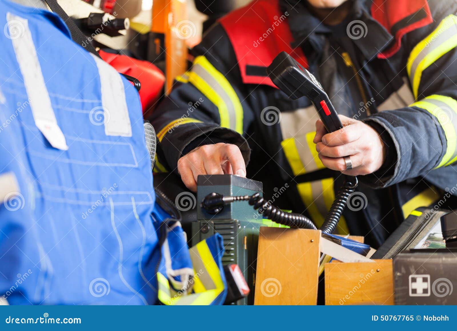 Fireman in a Fire Truck Spark with Radios Set Stock Image - Image of ...