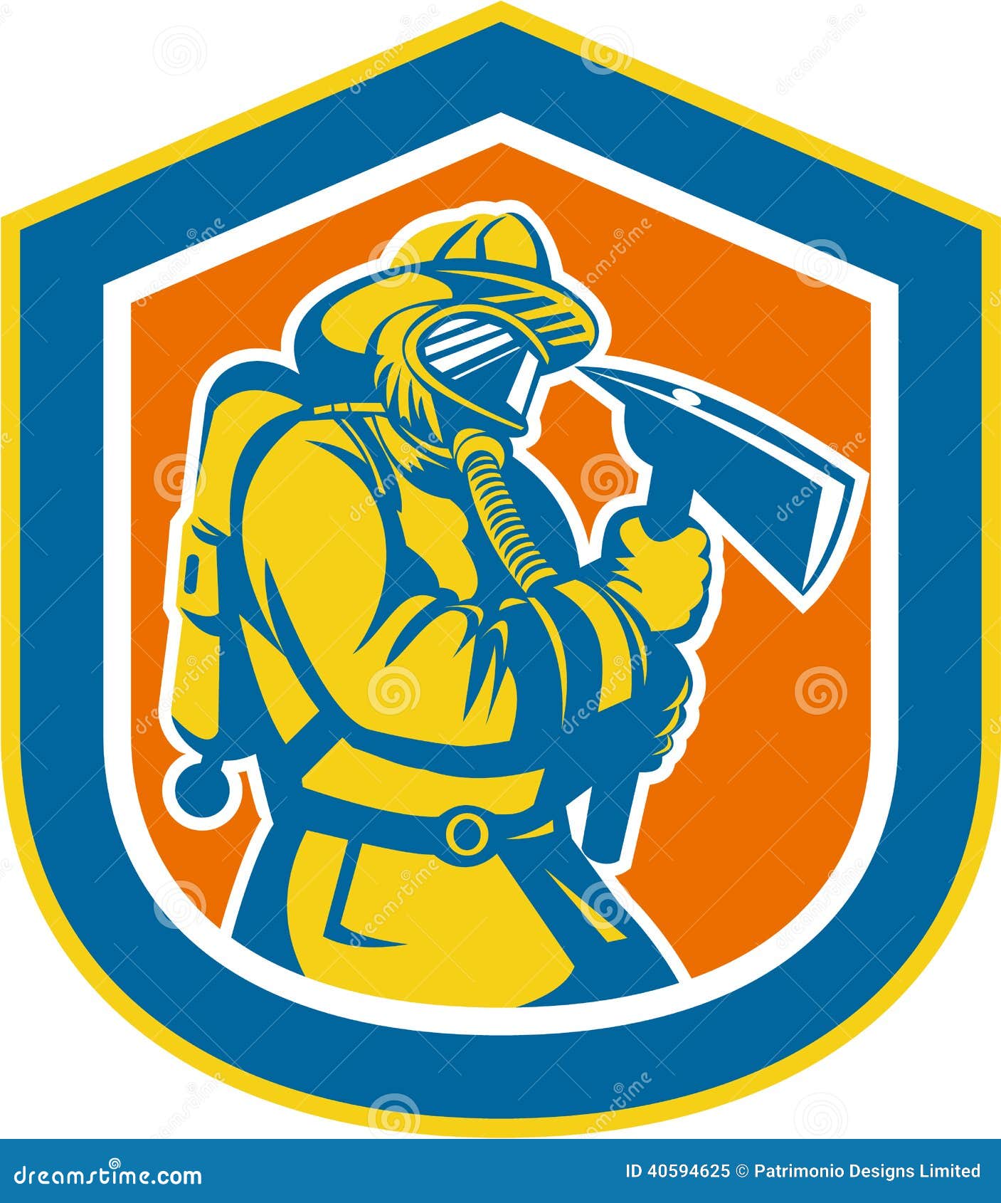 Fireman Firefighter Holding Fire Axe Shield Stock Vector - Illustration ...