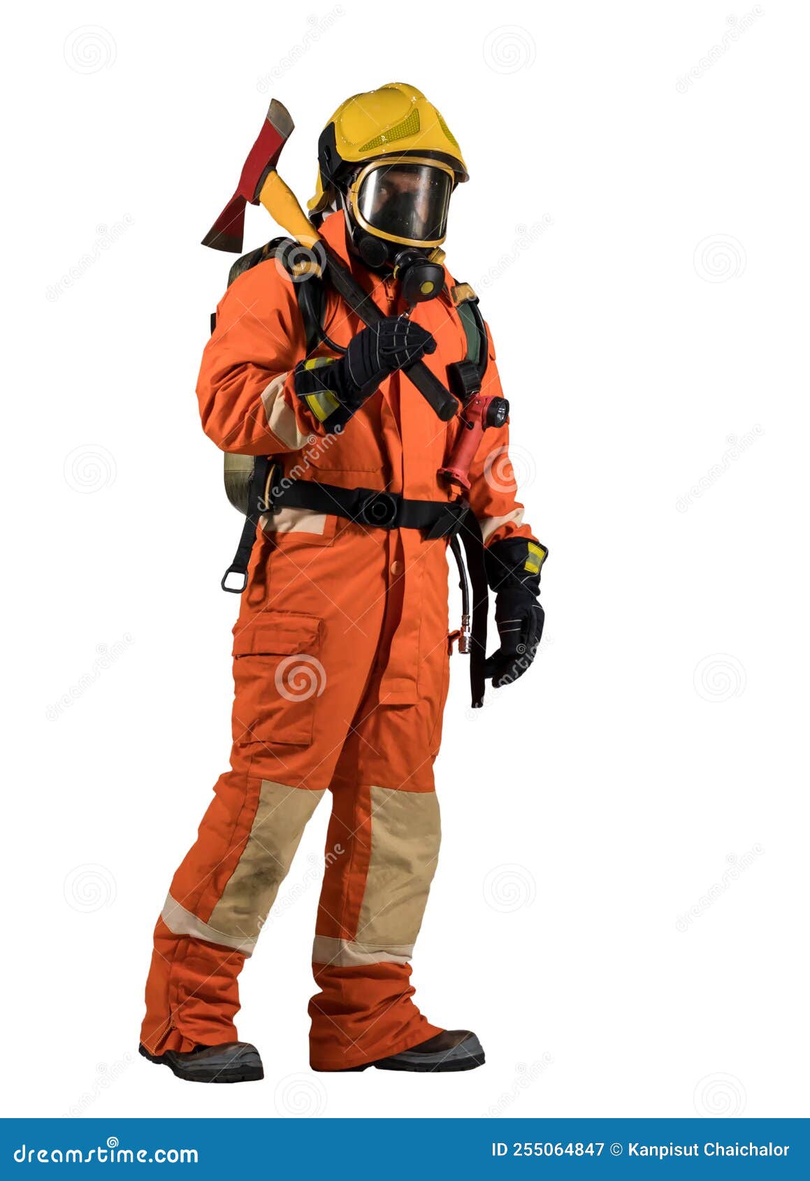 Fireman with a Mask and Equipment on His Back in a Fully Protective ...
