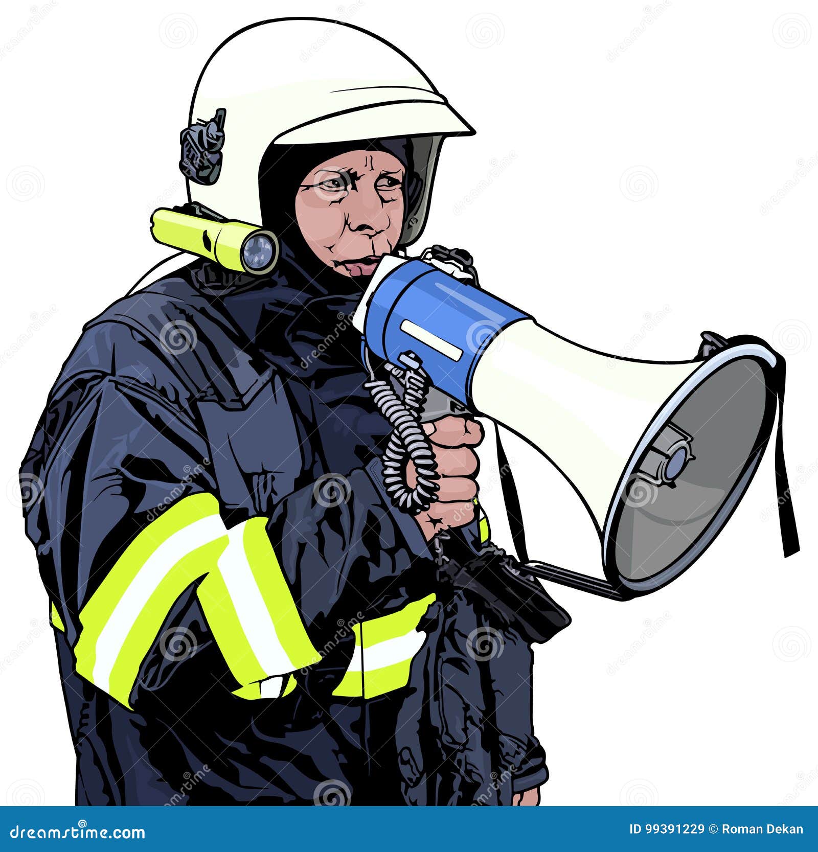 Fireman With Megaphone Announce Fire Emergency Evacuation Alarm. Alert ...