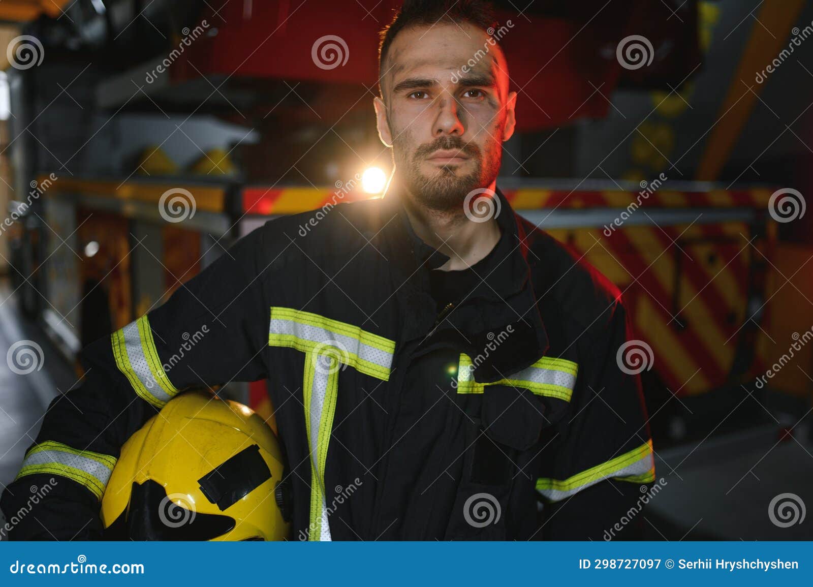 Fireman in Protective Uniform Standing Near Fire Engine on Station ...