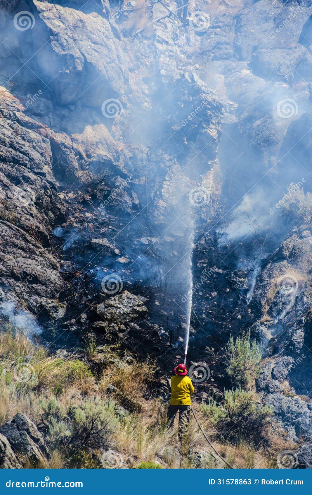Fireman Putting Out Brush Fire in Rugged Terrain Stock Image - Image of ...