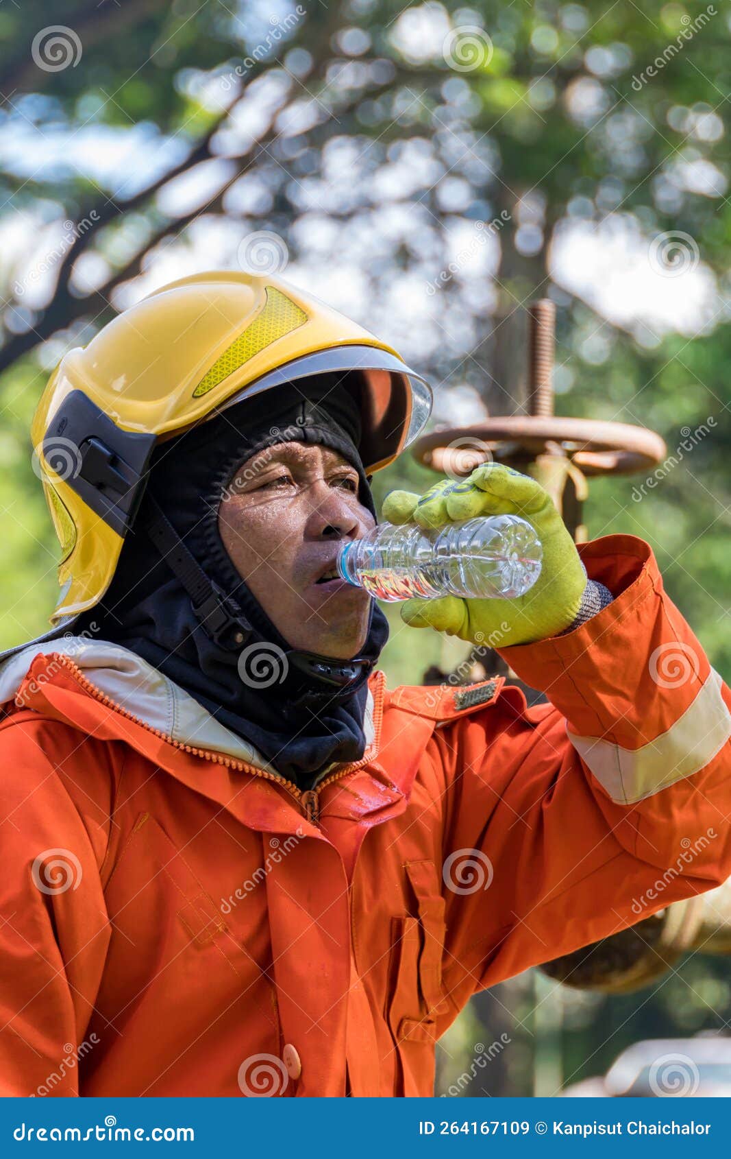 Fireman Rest and Drinking Water in Work Site. Stock Image - Image of ...