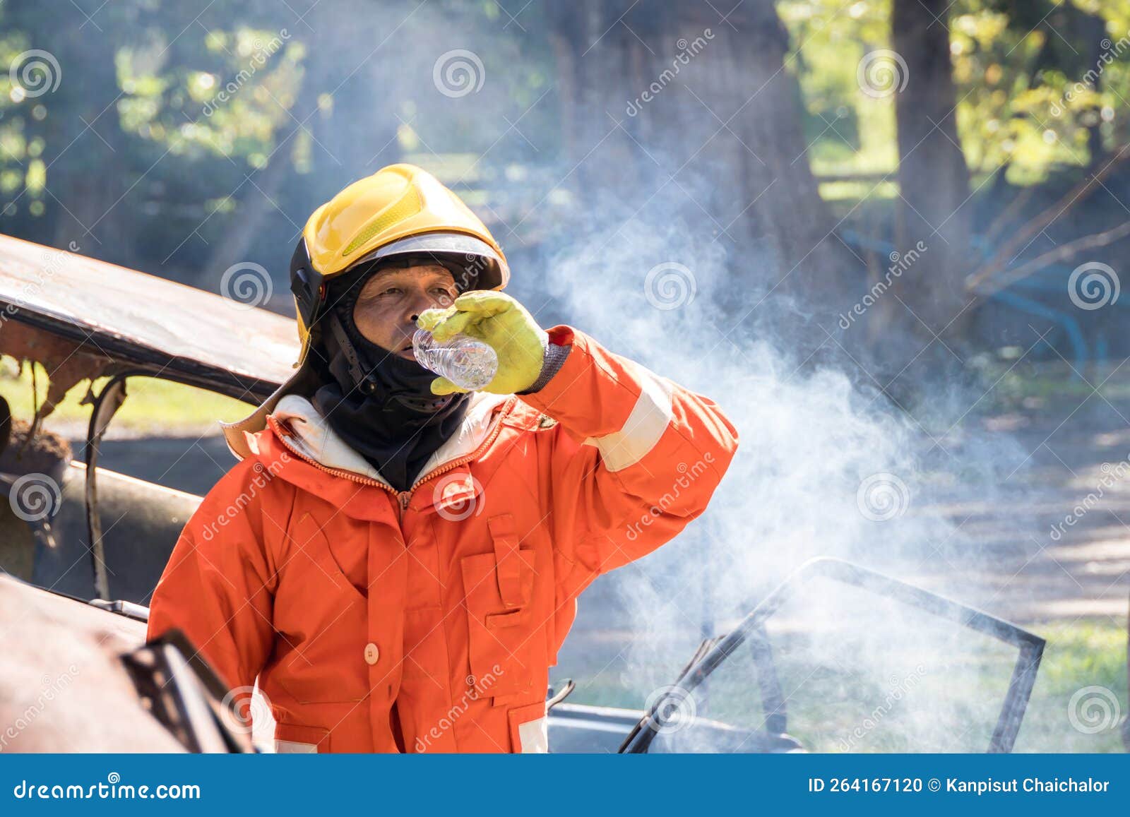 Fireman Rest and Drinking Water in Work Site. Stock Photo - Image of ...