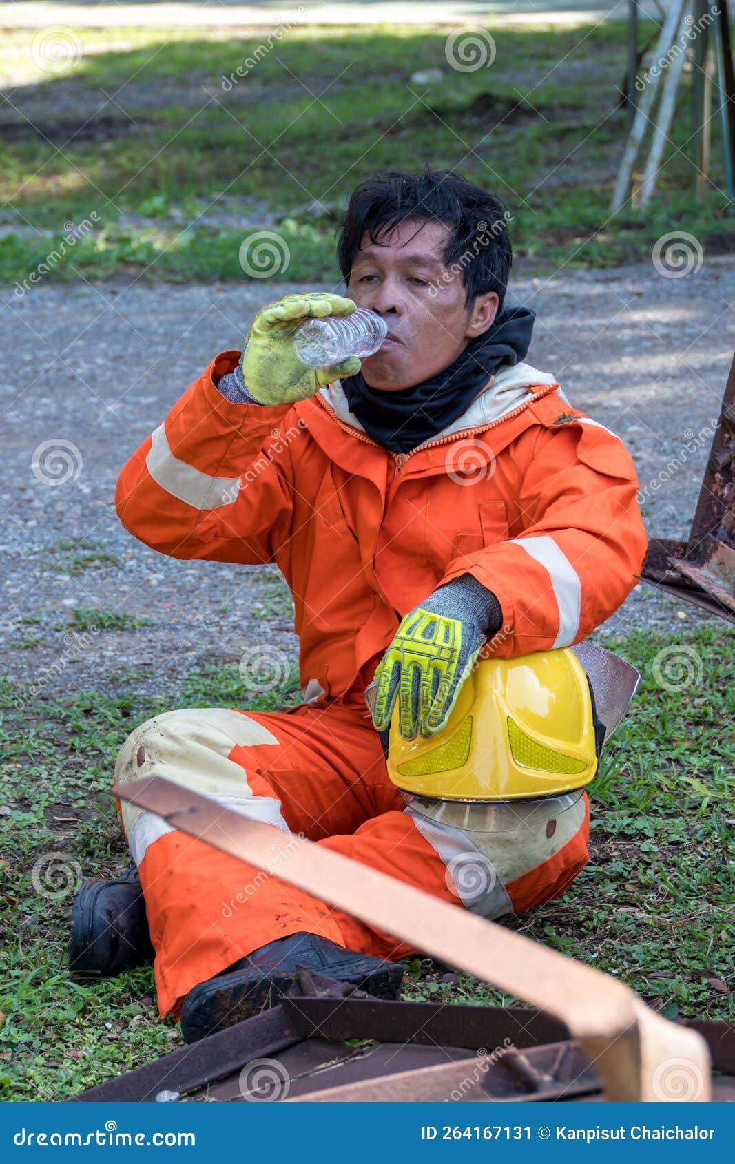 Fireman Rest and Drinking Water in Work Site. Stock Image - Image of ...