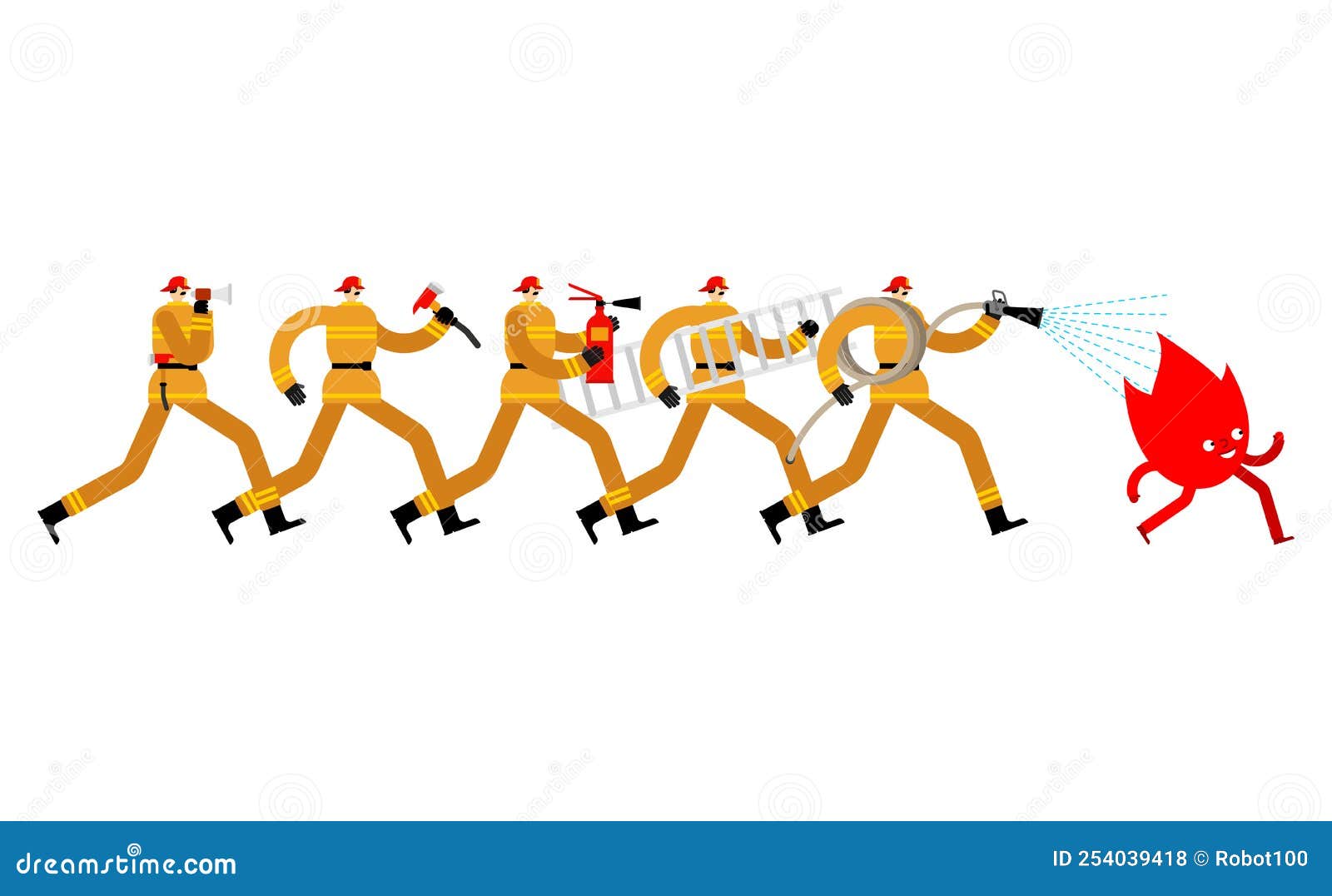 Fireman Run after Fire. Fire Extinguishing Stock Vector - Illustration ...