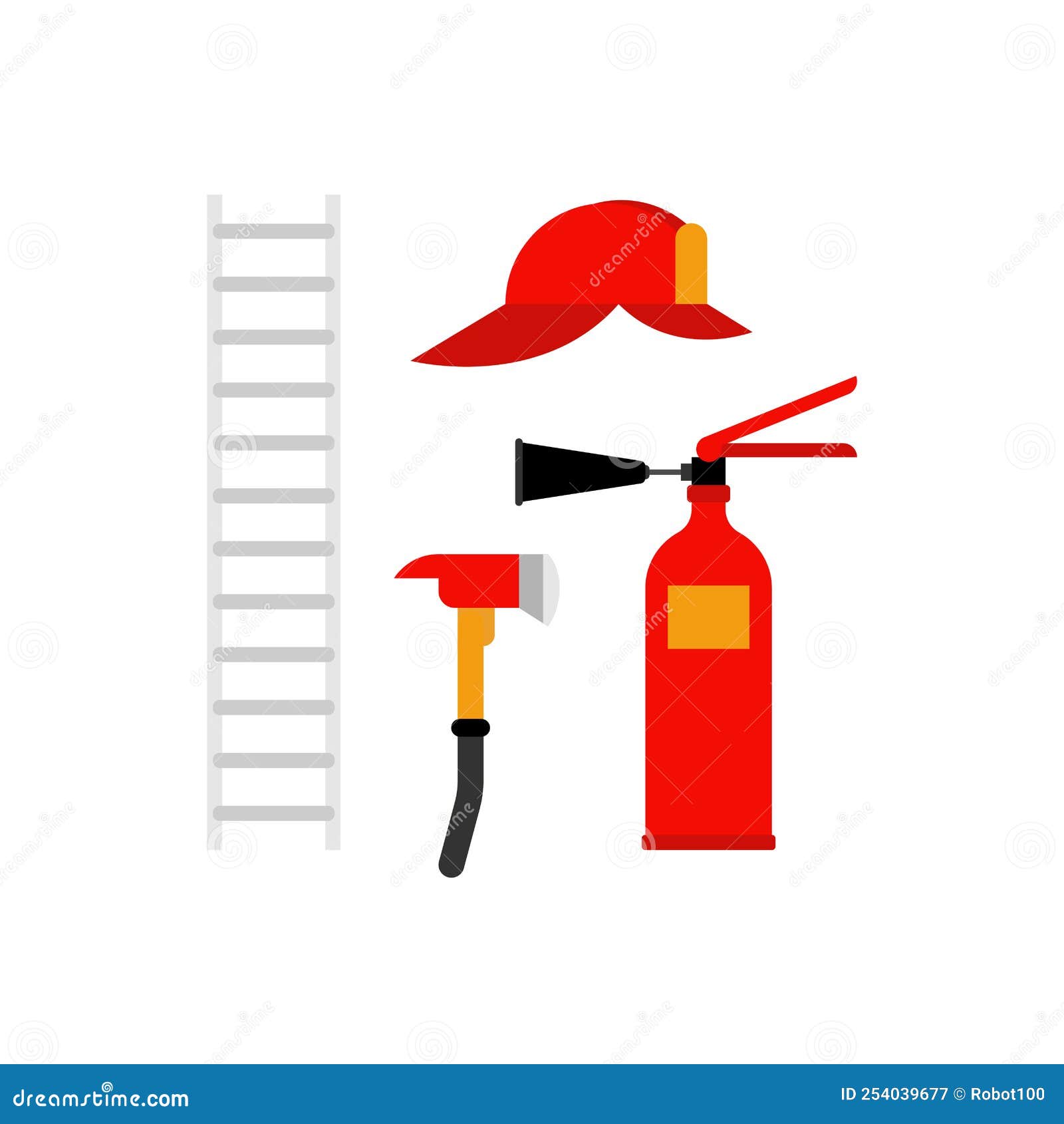 Fireman Set Icon. Fire Extinguisher And Axe. Ladder And Firemans Helmet ...