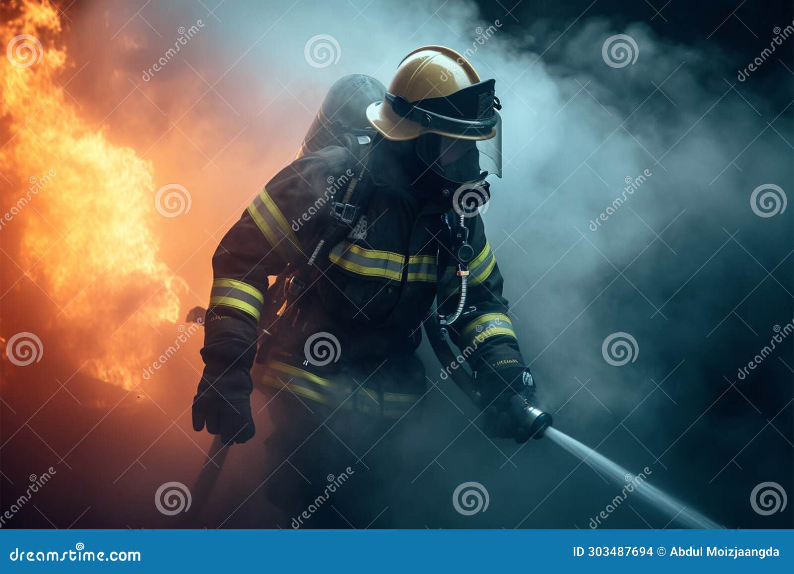 Fireman in the Smoke, Using a Hose, Successfully Putting Out Flames ...