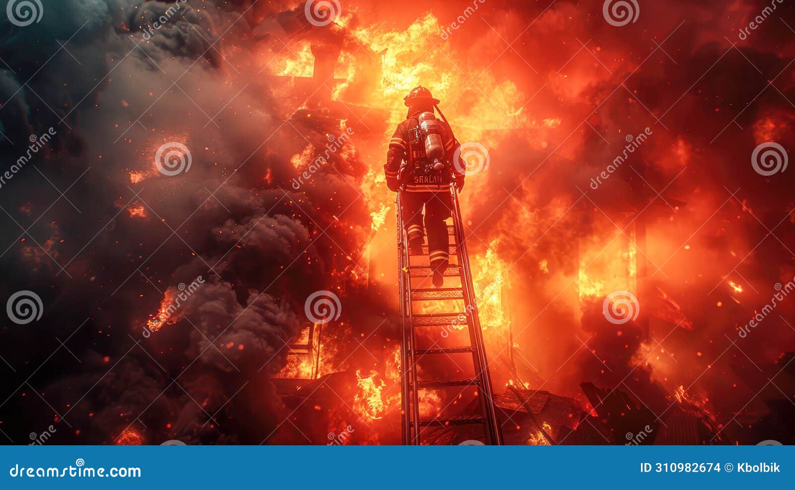 Fireman Standing on Stairs with Fire in the Background. Firefighters ...