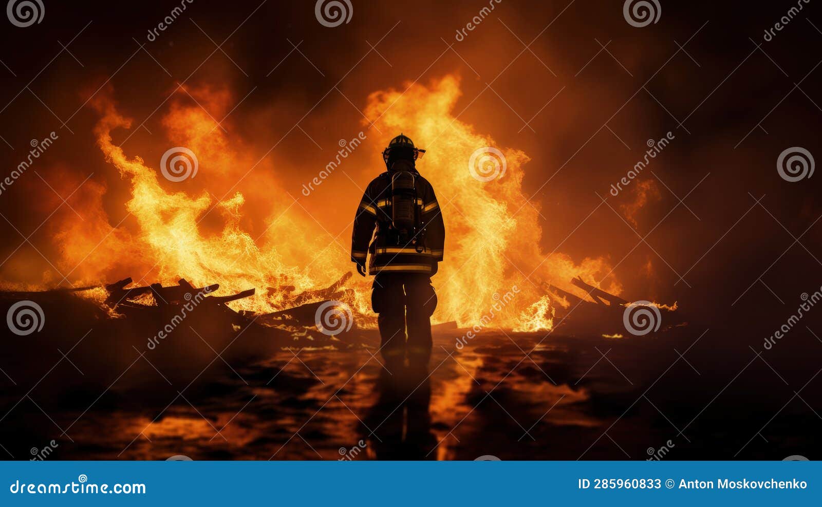 The Fireman Stands at the Scene of the Fire. Stock Illustration ...