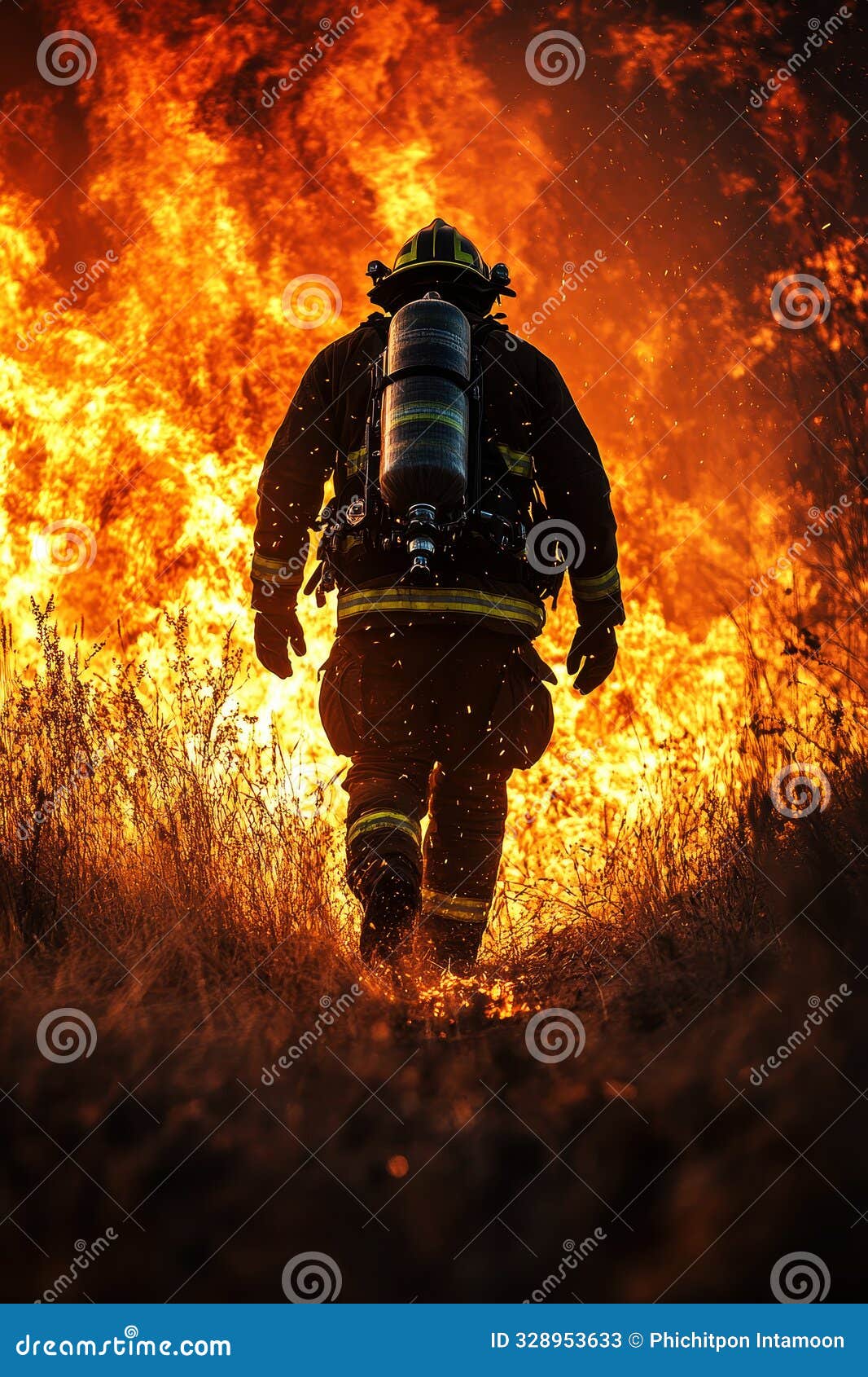 Fireman Using Water and Extinguisher To Fighting with Fire Flame in an ...