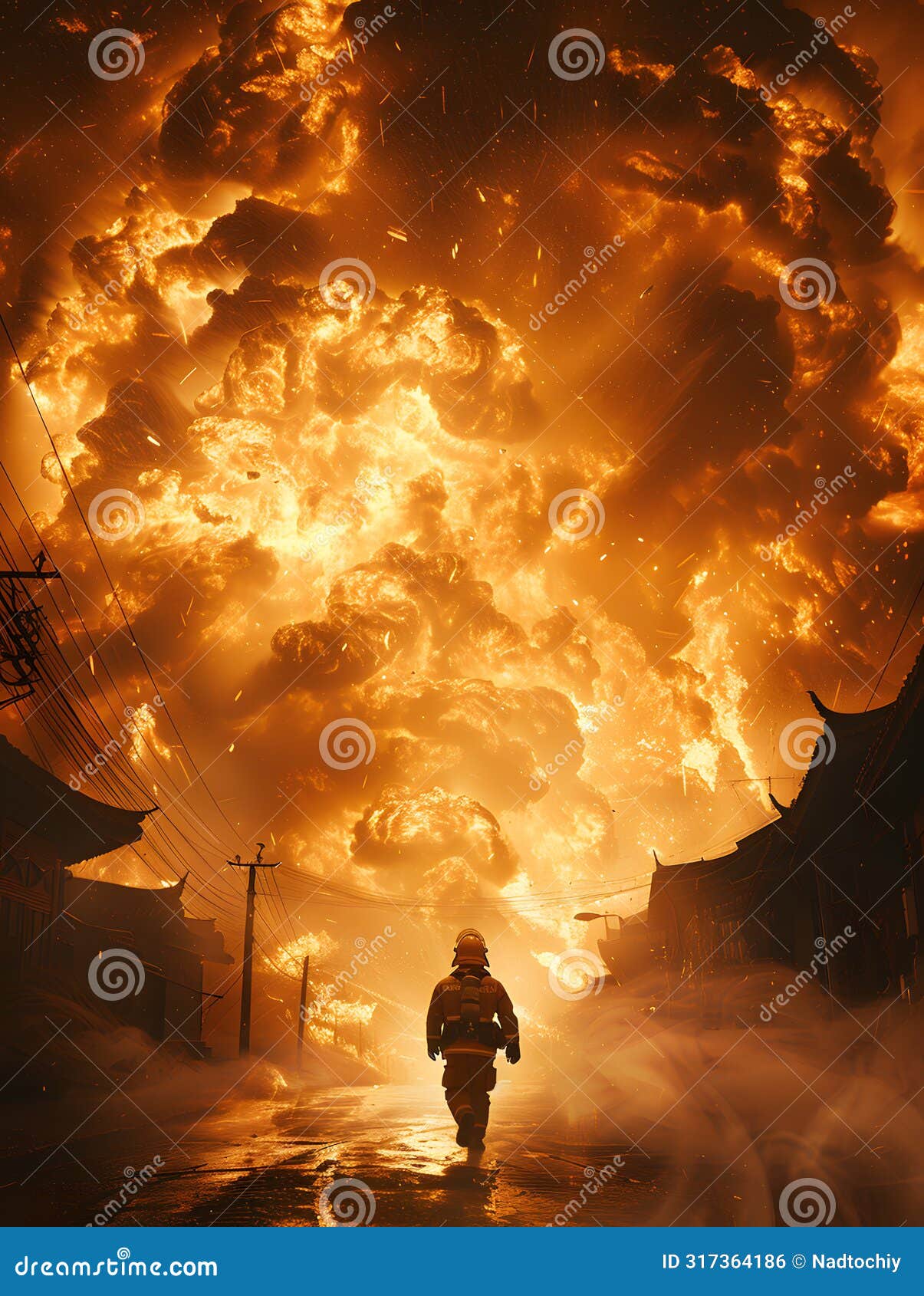 Fireman Walks through Thick Smoke in Front of Blazing Fire in Urban ...
