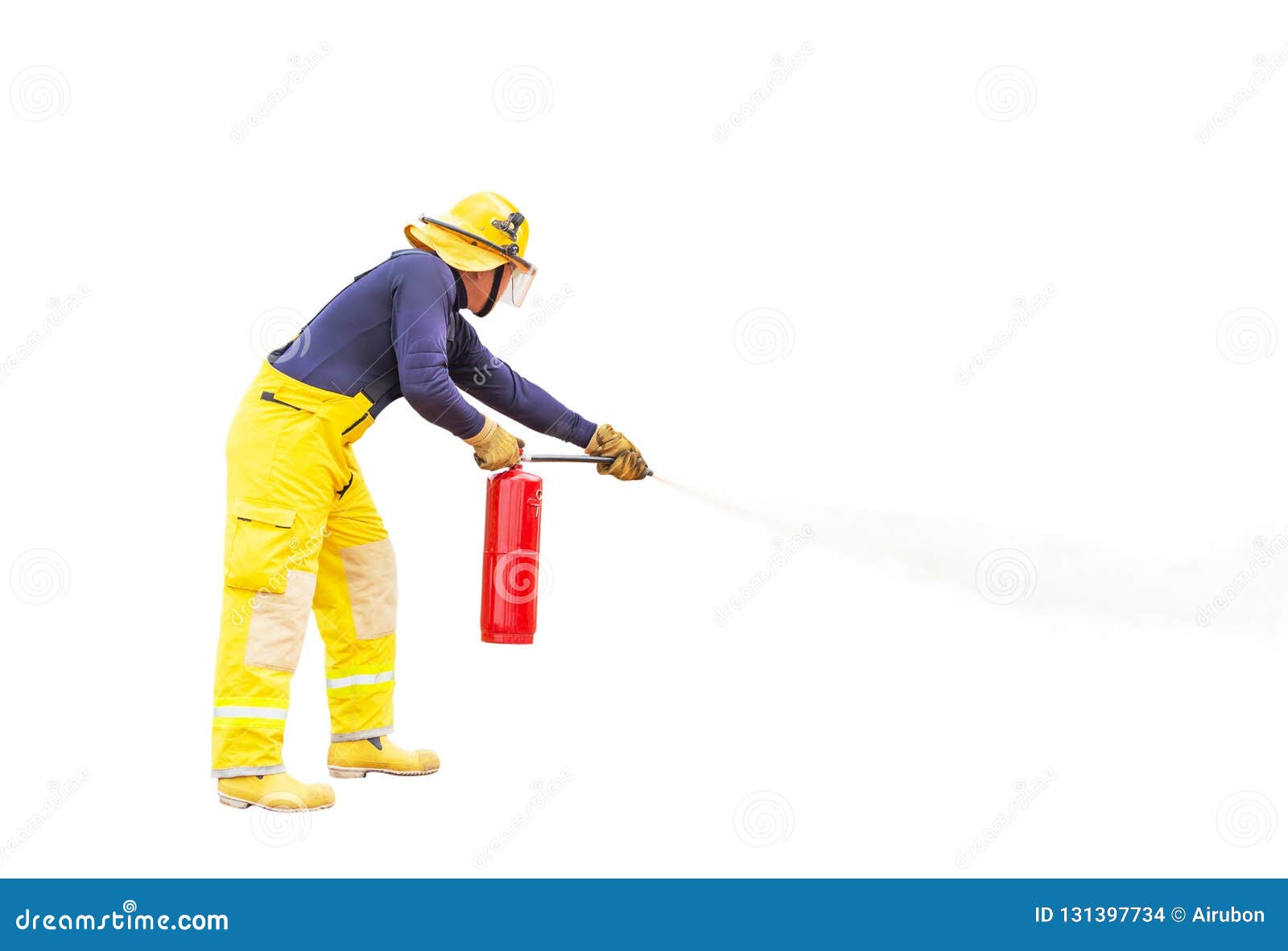 Fireman in Yellow Fire Fighter Uniform Using Fire Extinguisher from ...