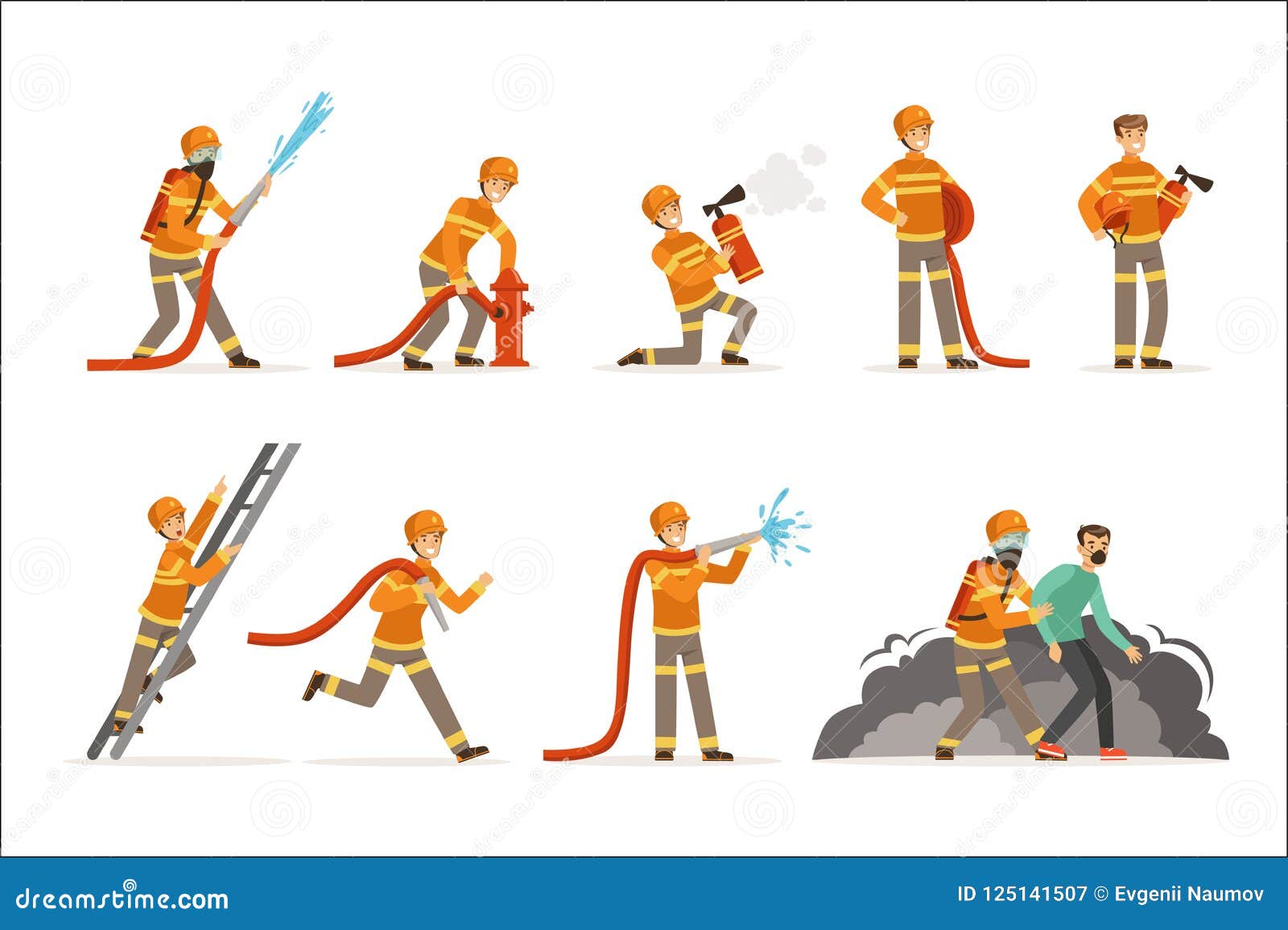 Firemen Characters Doing Their Job and Saving People Set. Firefighter ...