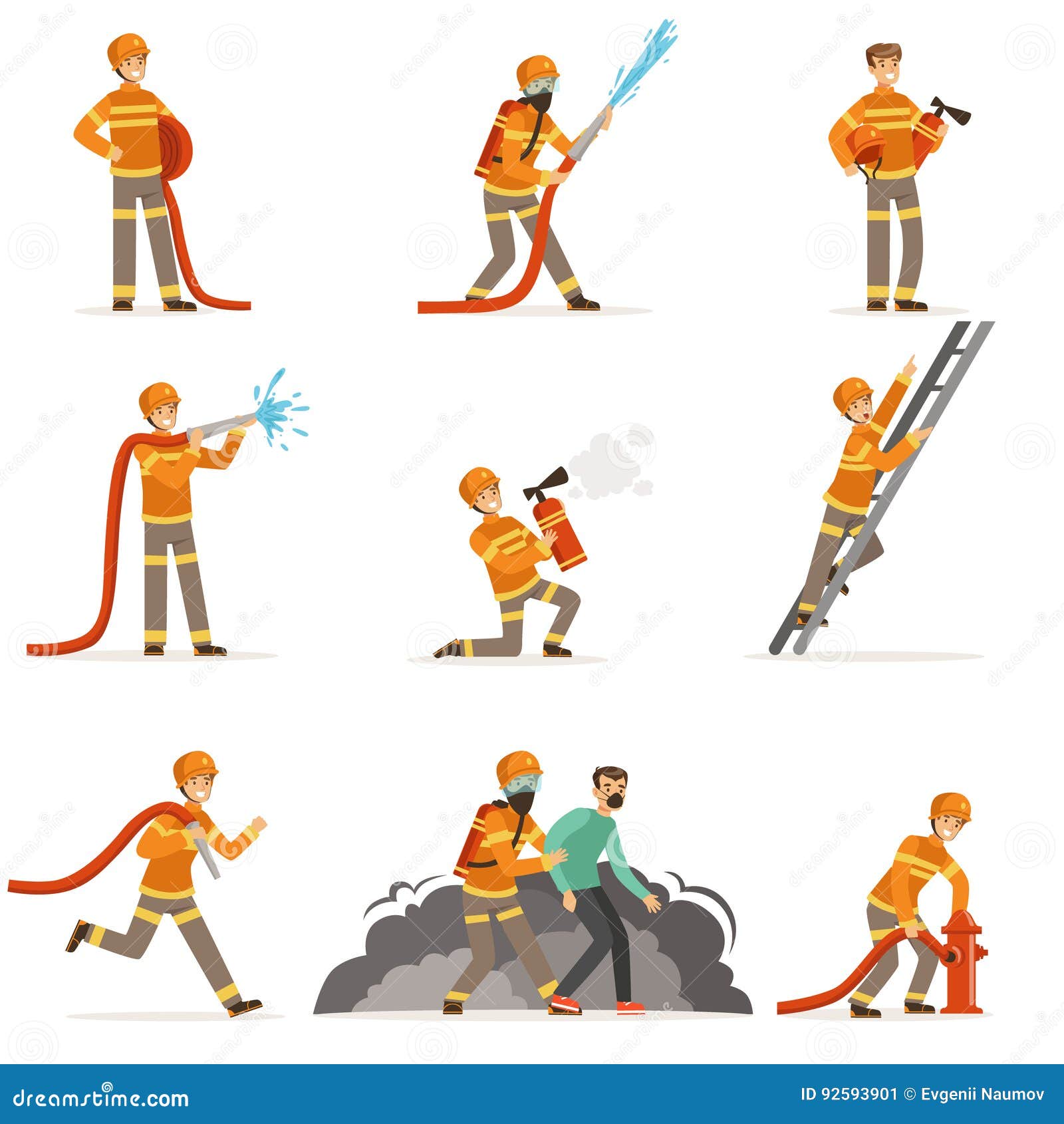 Firemen Characters Doing Their Job and Saving People Set. Firefighter ...