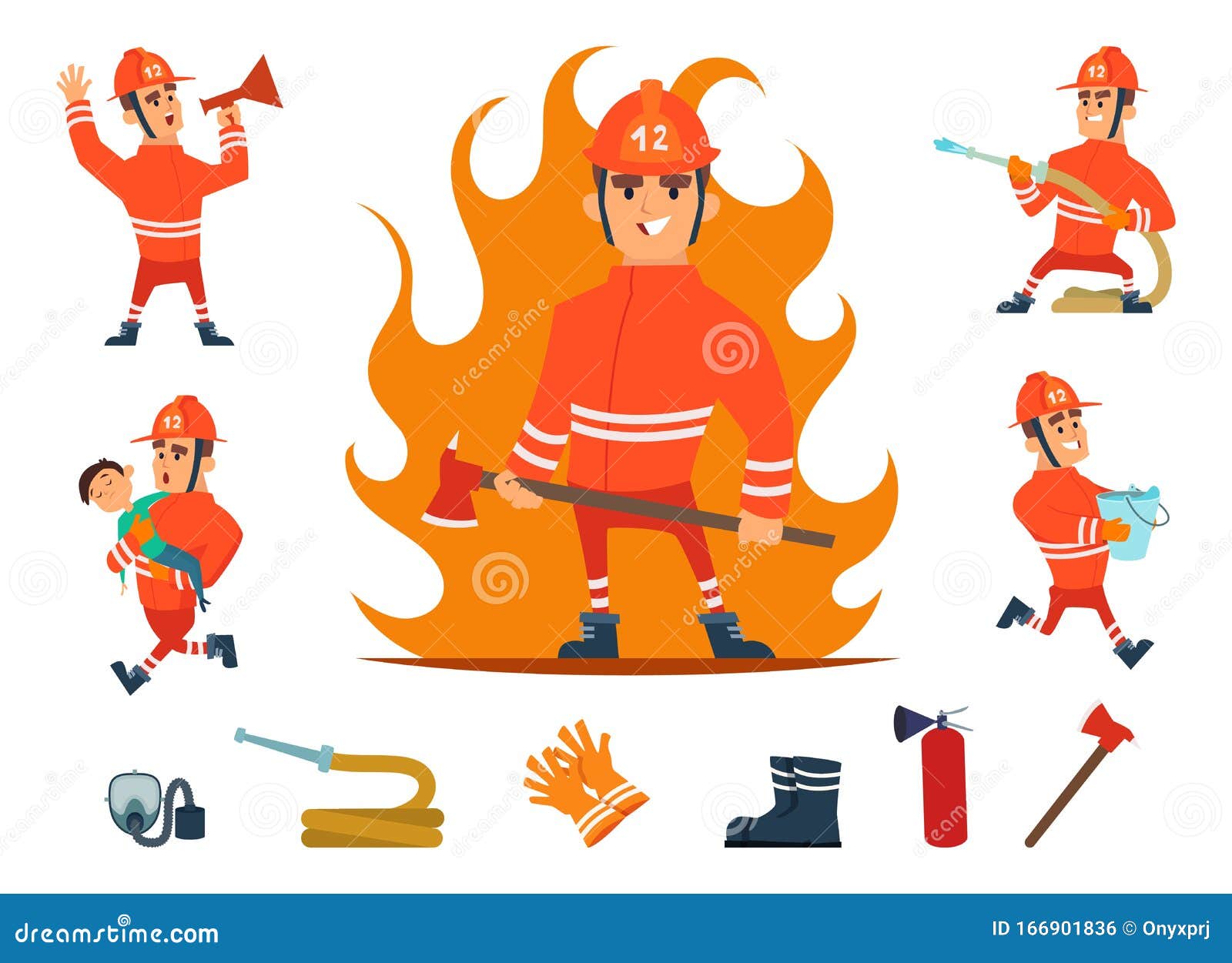 Firemen and Equipments. Fireman Profession Working Stock Vector ...