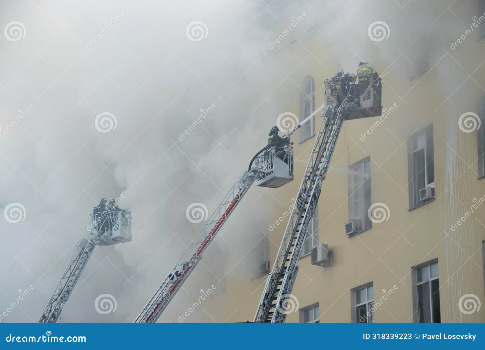 Firemen Extinguish Fire on Fire Trucks Ladders - Stock Image - Image of ...