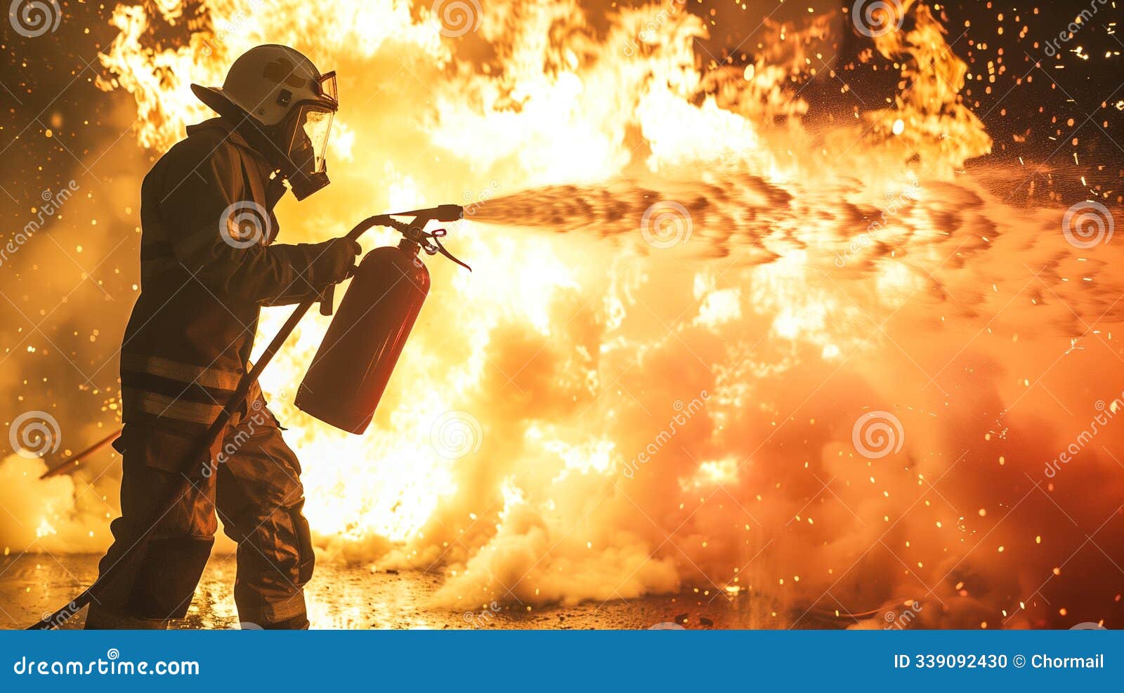 Firemen or Firefighter Use Fire Extinguisher To Control Fire Stock ...