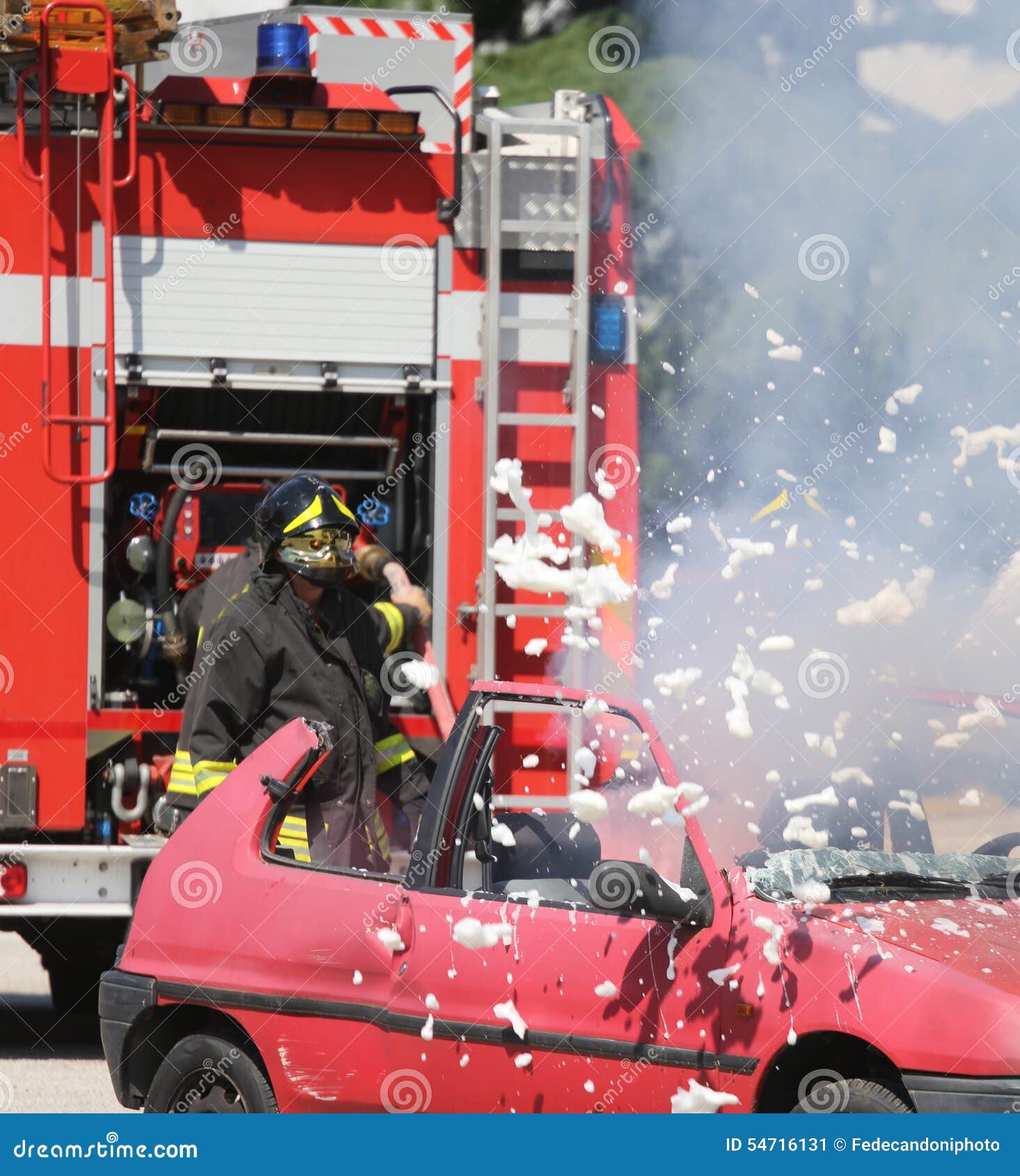 Firemen Put Out the Fire with White Foam Stock Image - Image of ...