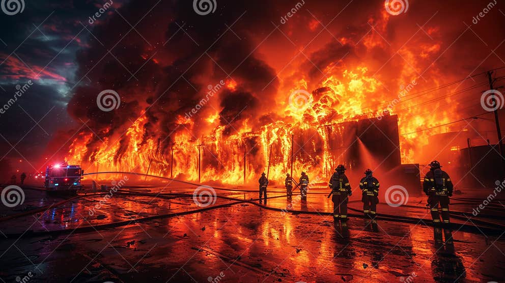 Firemen Standing in Front of Huge Fire Stock Photo - Image of teamwork ...